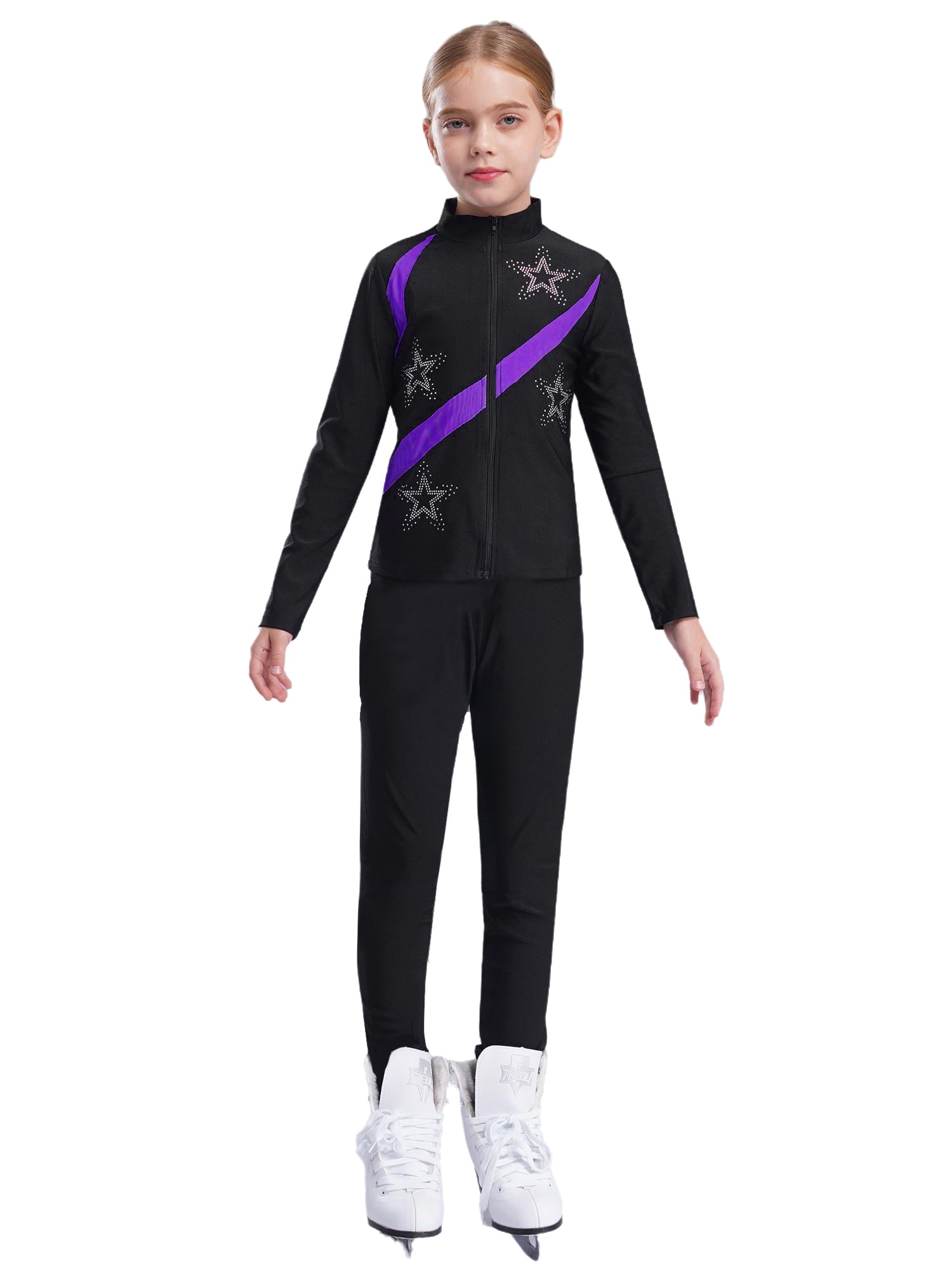 TTAO Kids Girls Ice Figure Skating Jacket Suit Long Sleeve Stars Print ...