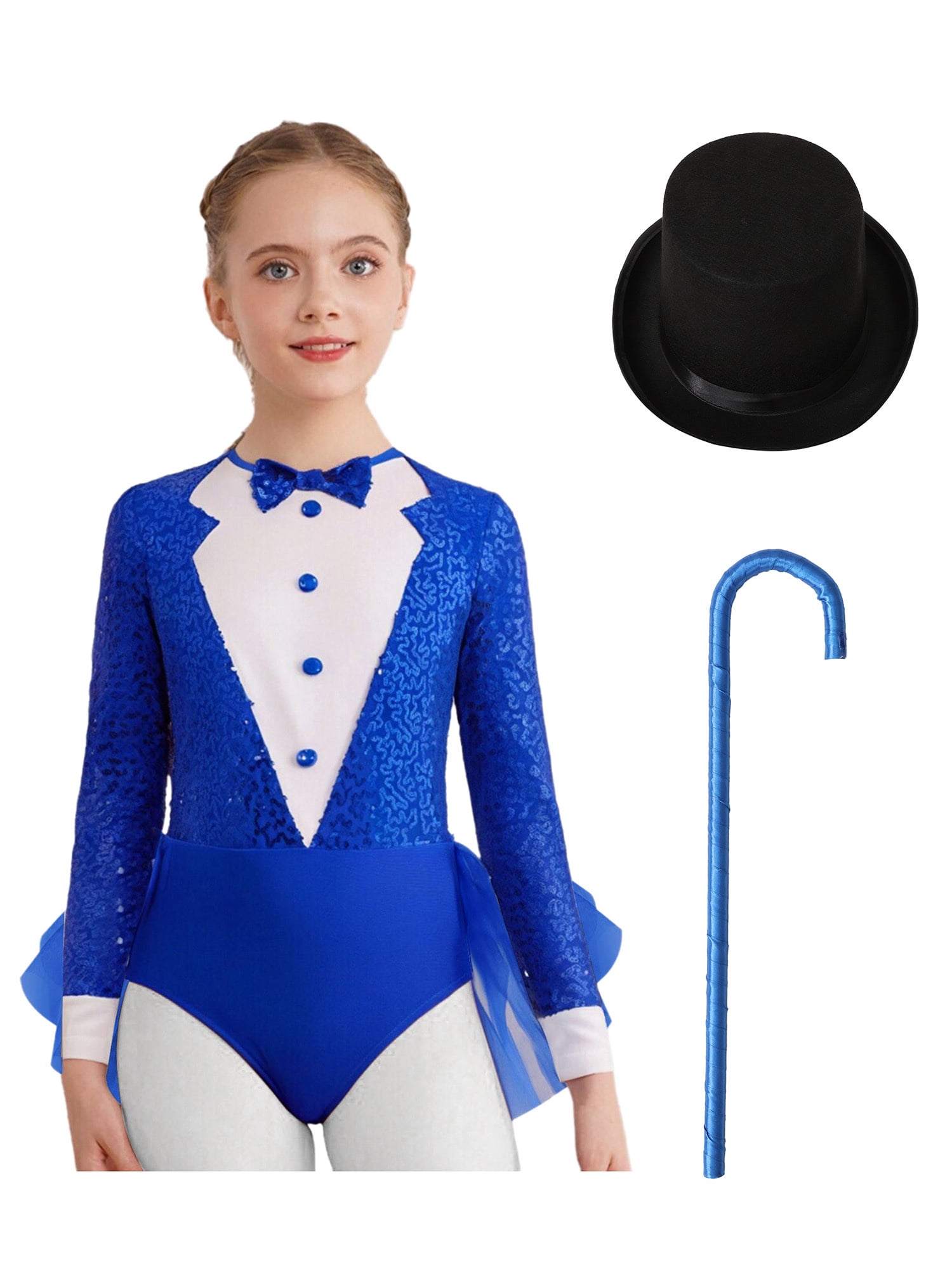 TTAO Kids Girls Magician Outfit Long Sleeve Sequin Jazz Dance Bodysuit ...