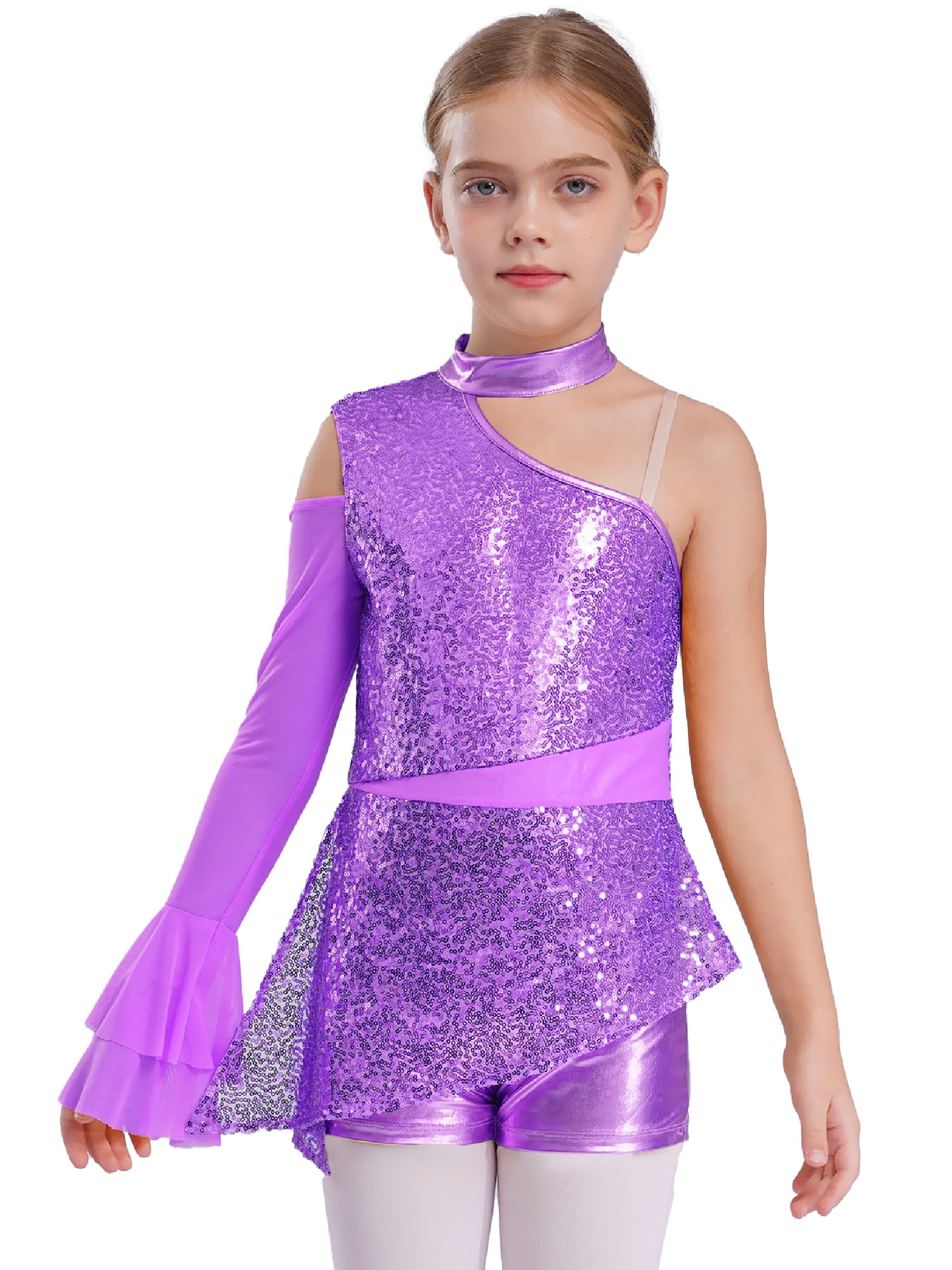 TTAO Kids Girls Metallic Sequin Gymnastics Leotard Cold Shoulder Long ...
