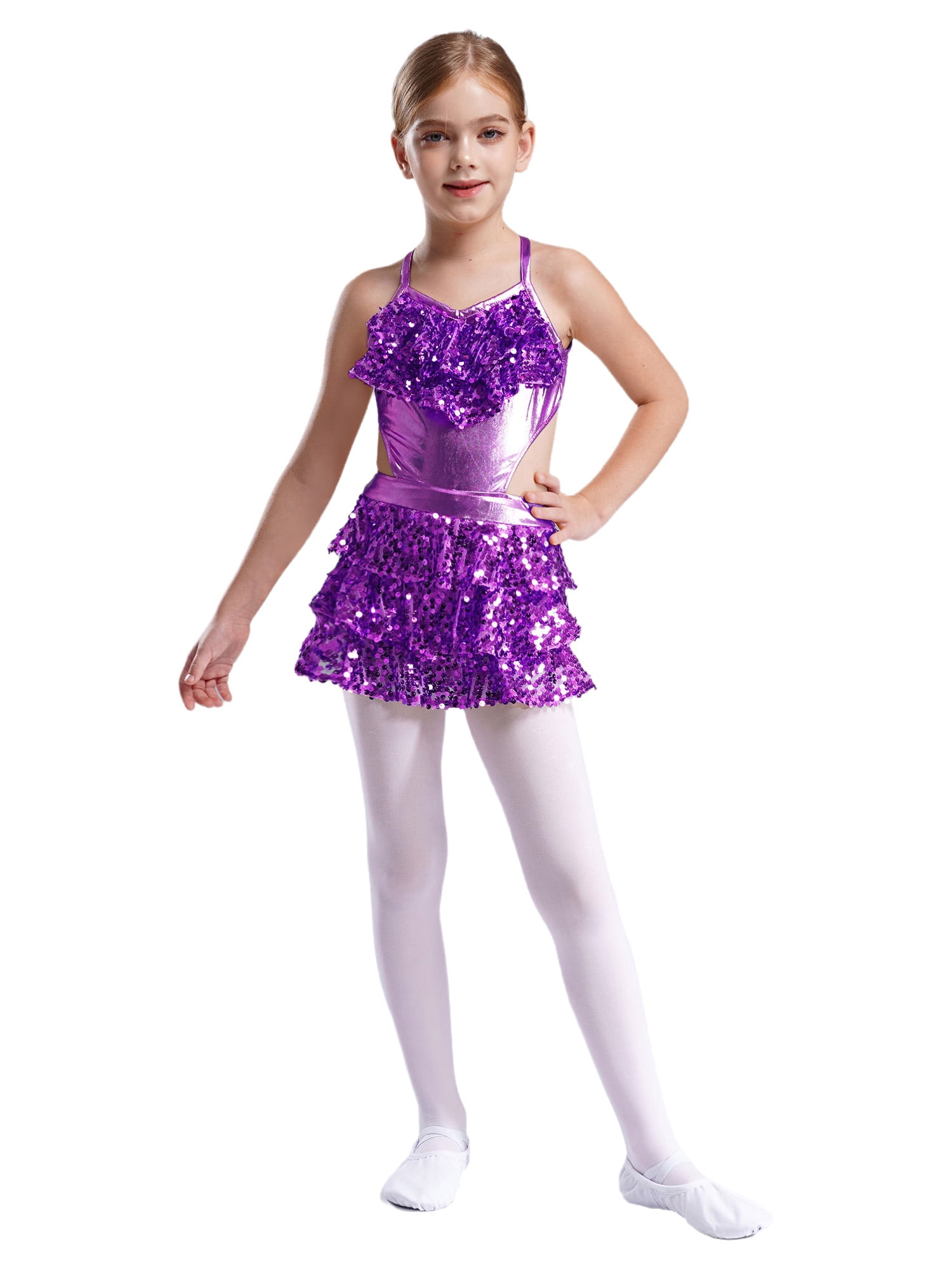 TTAO Kids Girls Ruffle Sequin Dress Metallic Hip Hop Jazz Dance Outfit ...