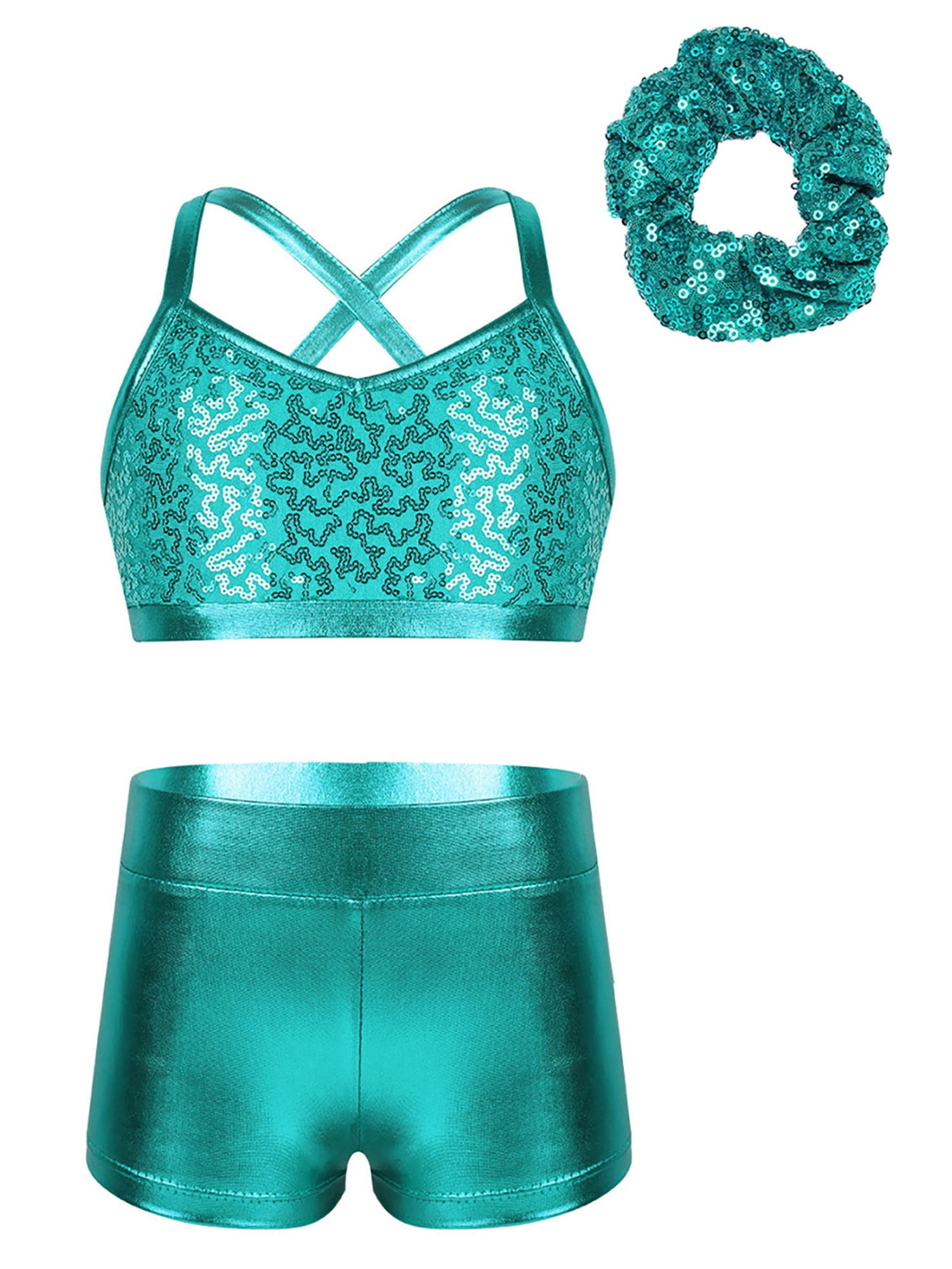 TTAO Kids Girls Sequined Crop Top with Booty Shorts Athletic Outfits ...
