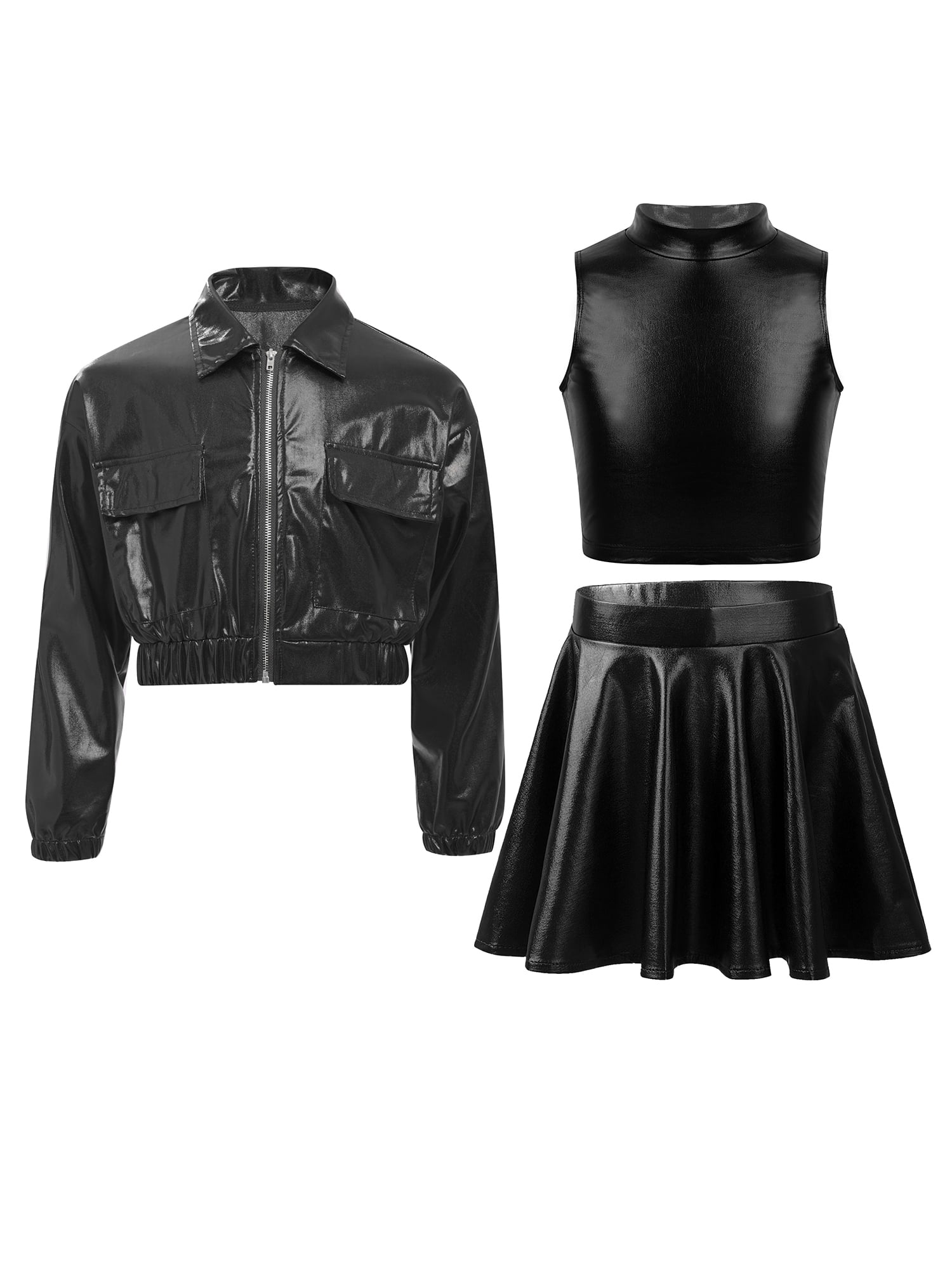 TTAO Kids Girls Shiny Bomber Jacket Crop Tops with Skirt Set 3 Piece ...