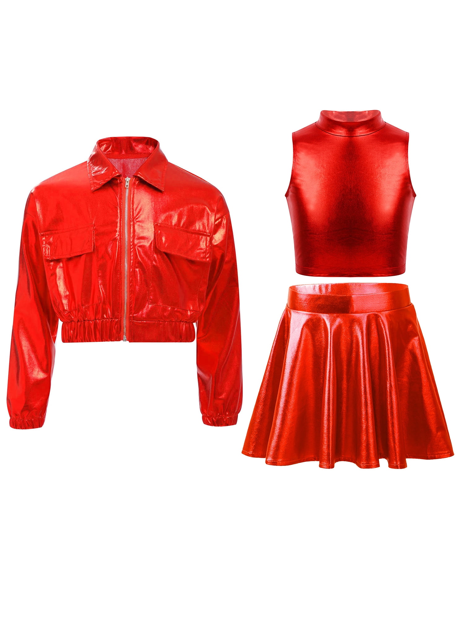TTAO Kids Girls Shiny Bomber Jacket Crop Tops with Skirt Set 3 Piece ...