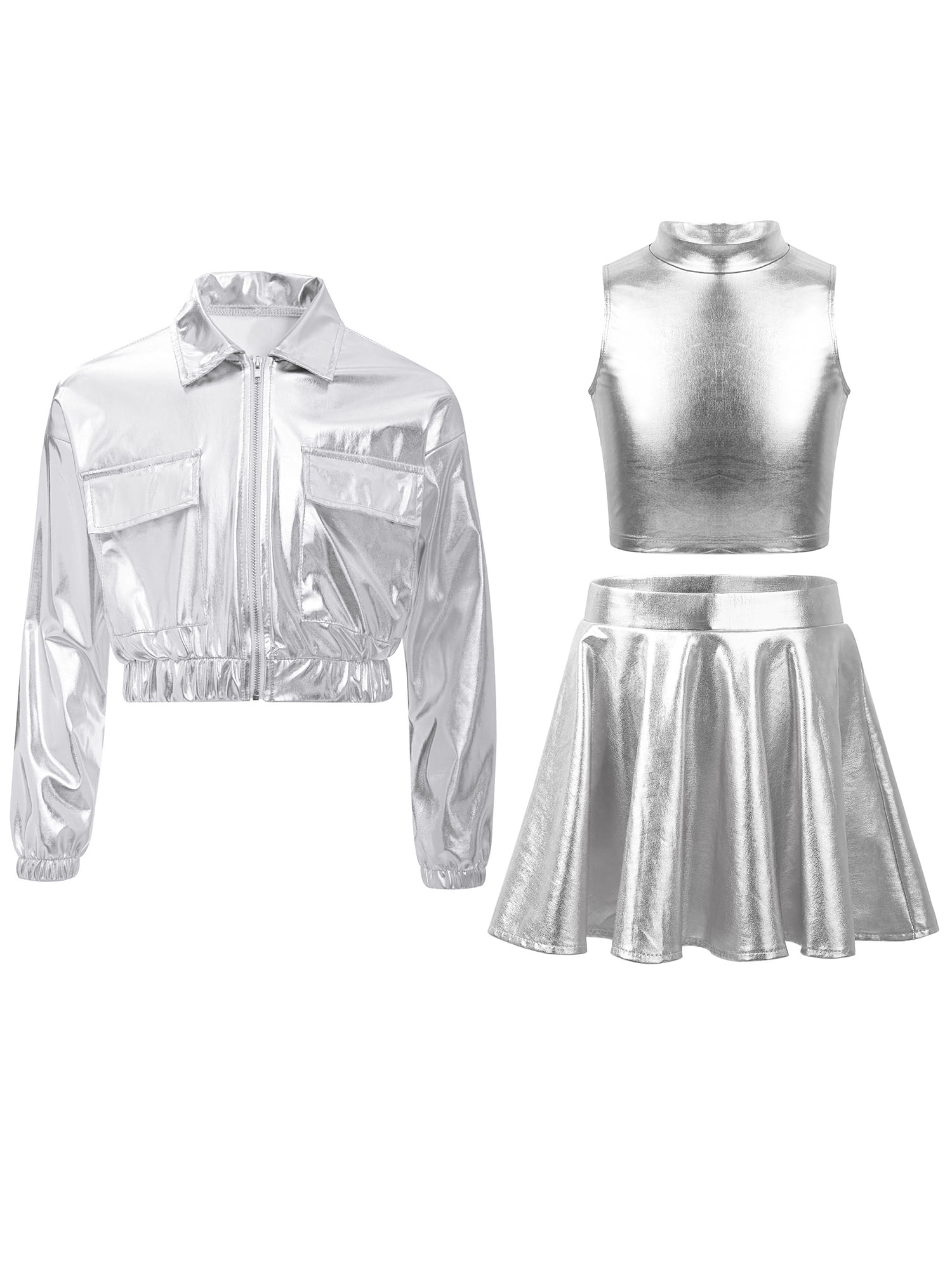TTAO Kids Girls Shiny Bomber Jacket Crop Tops with Skirt Set 3 Piece ...