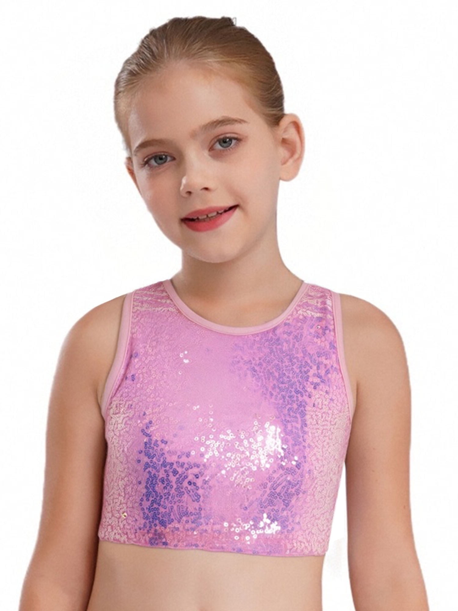 TTAO Kids Girls Shiny Metallic Cami Vest Dance Shirts Sparkly Crop Tank ...