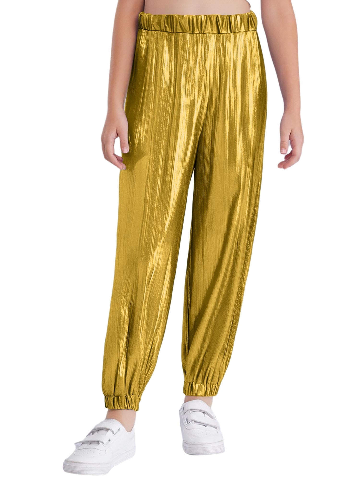 TTAO Kids Girls Shiny Metallic Ribbed Harem Dance Pants Lightweight ...