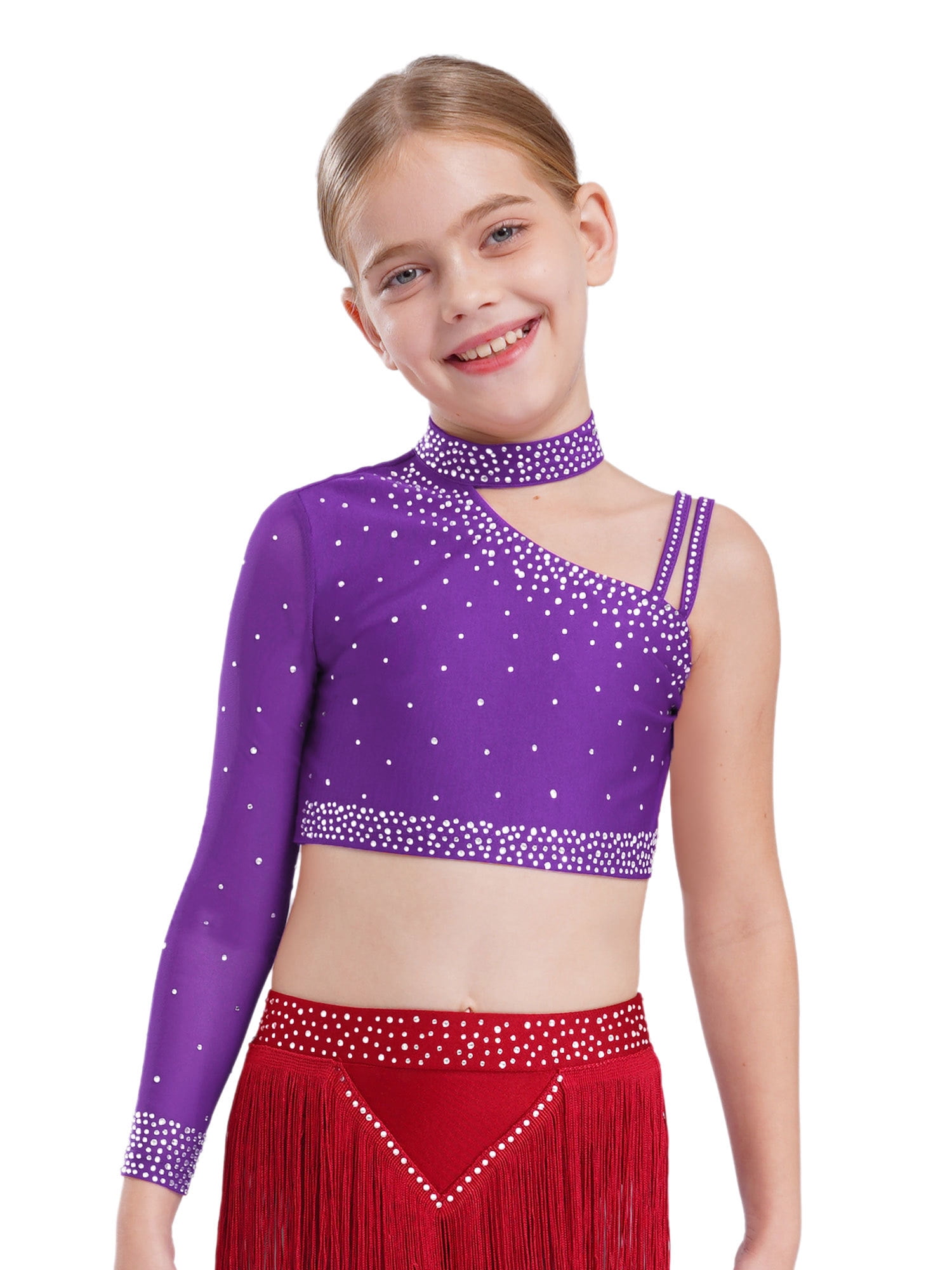 TTAO Kids Girls Shiny Rhinestone Ballet Modern Jazz Dance Tank Crop ...