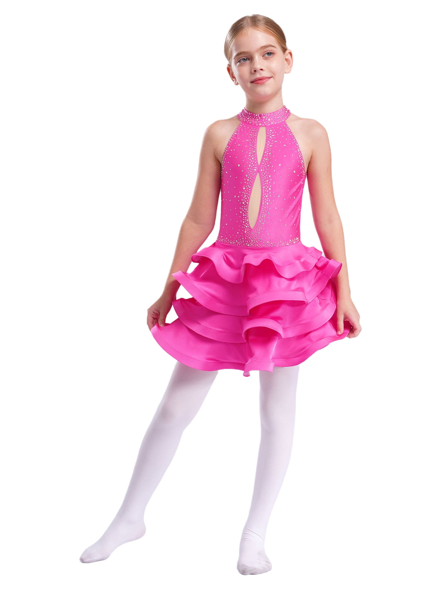 TTAO Kids Girls Shiny Rhinestone Tiered Latin Dance Dress Sleeveless ...