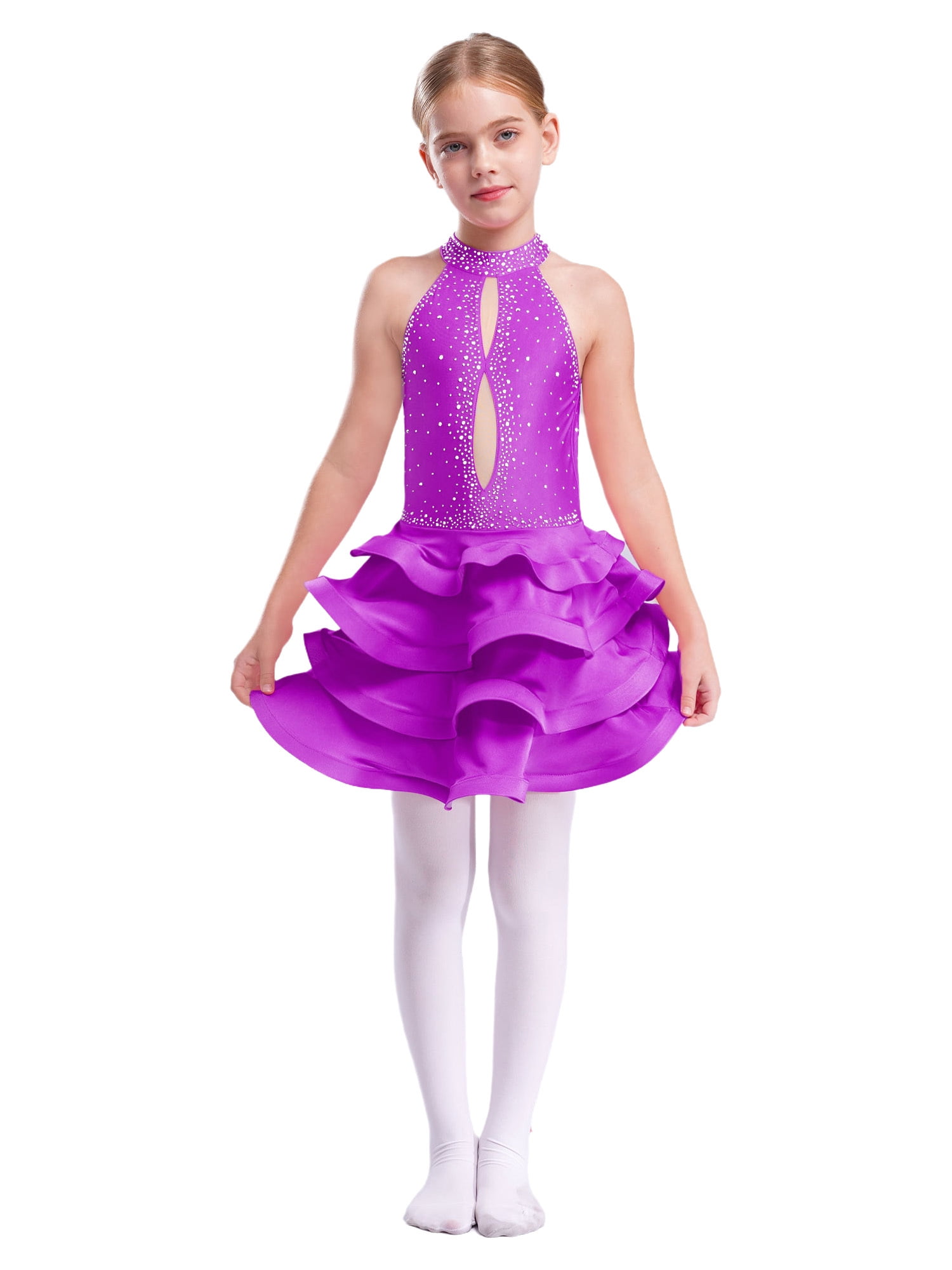 TTAO Kids Girls Shiny Rhinestone Tiered Latin Dance Dress Sleeveless ...