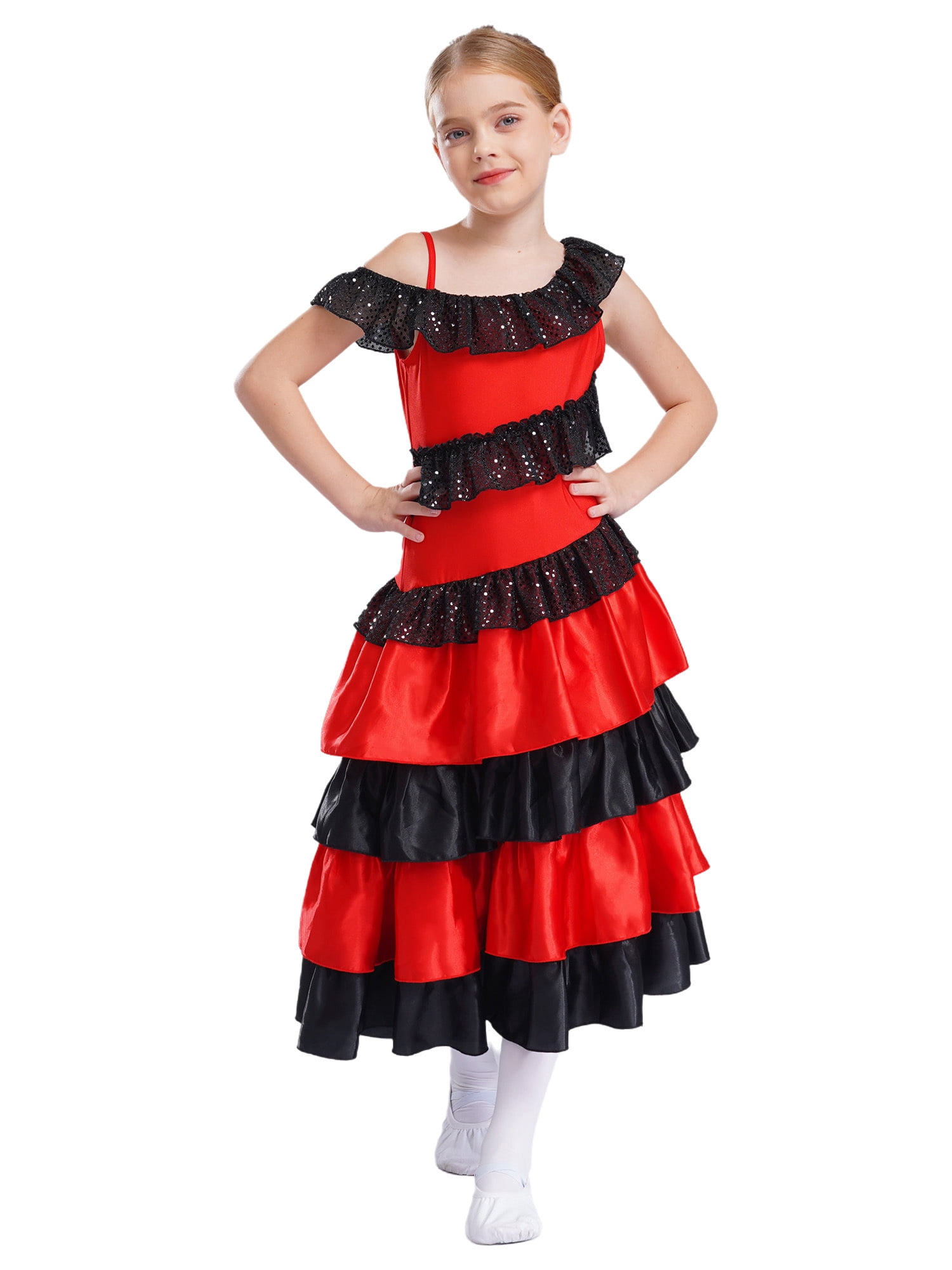 TTAO Kids Girls Spanish Gypsy Bull Dance Skirt Flamenco Outfits Satin ...