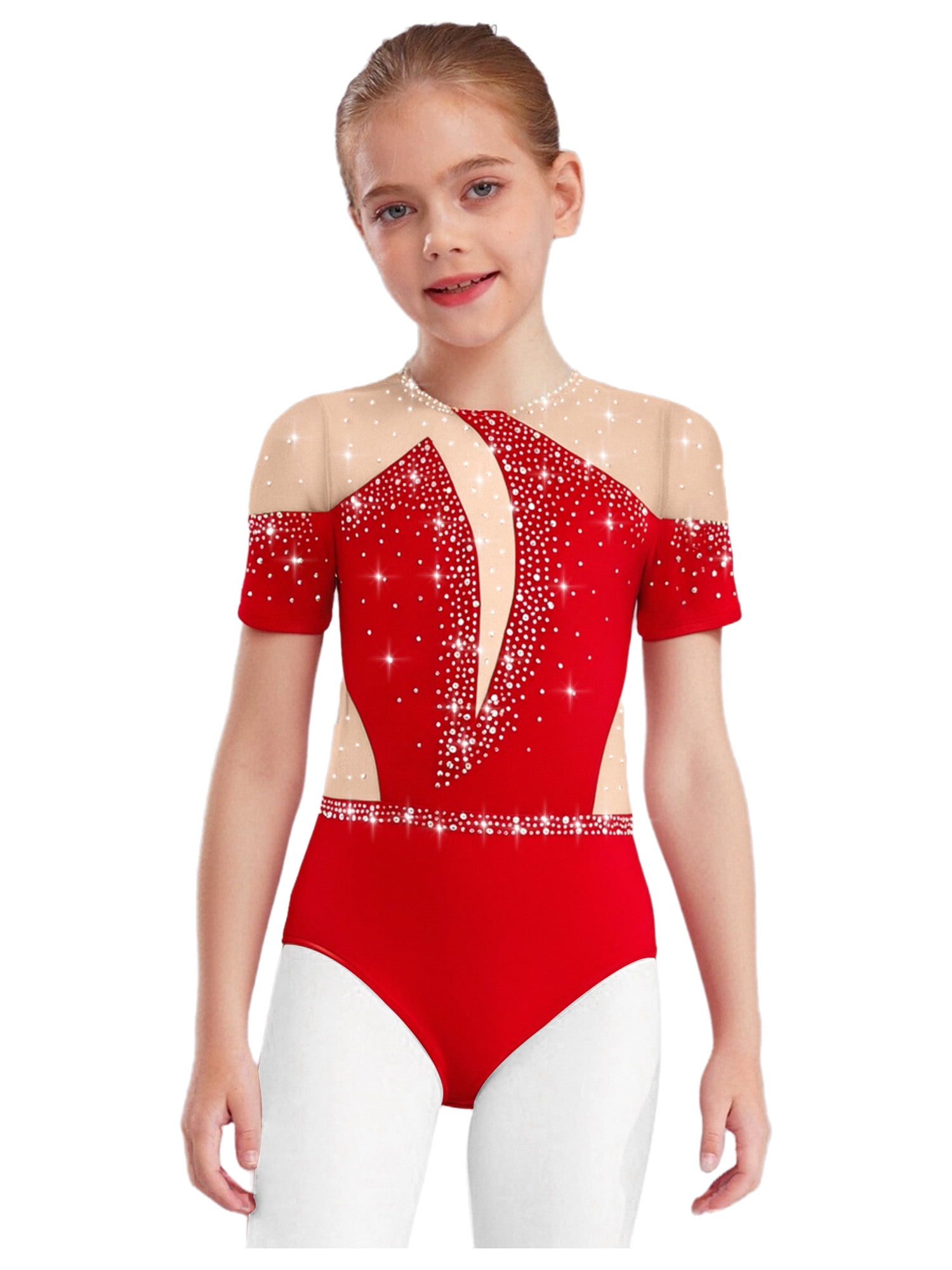 TTAO Kids Girls Sparkly Rhinestone Rhythmic Gymnastics Leotard Figure Skating Dance Bodysuit Red ...