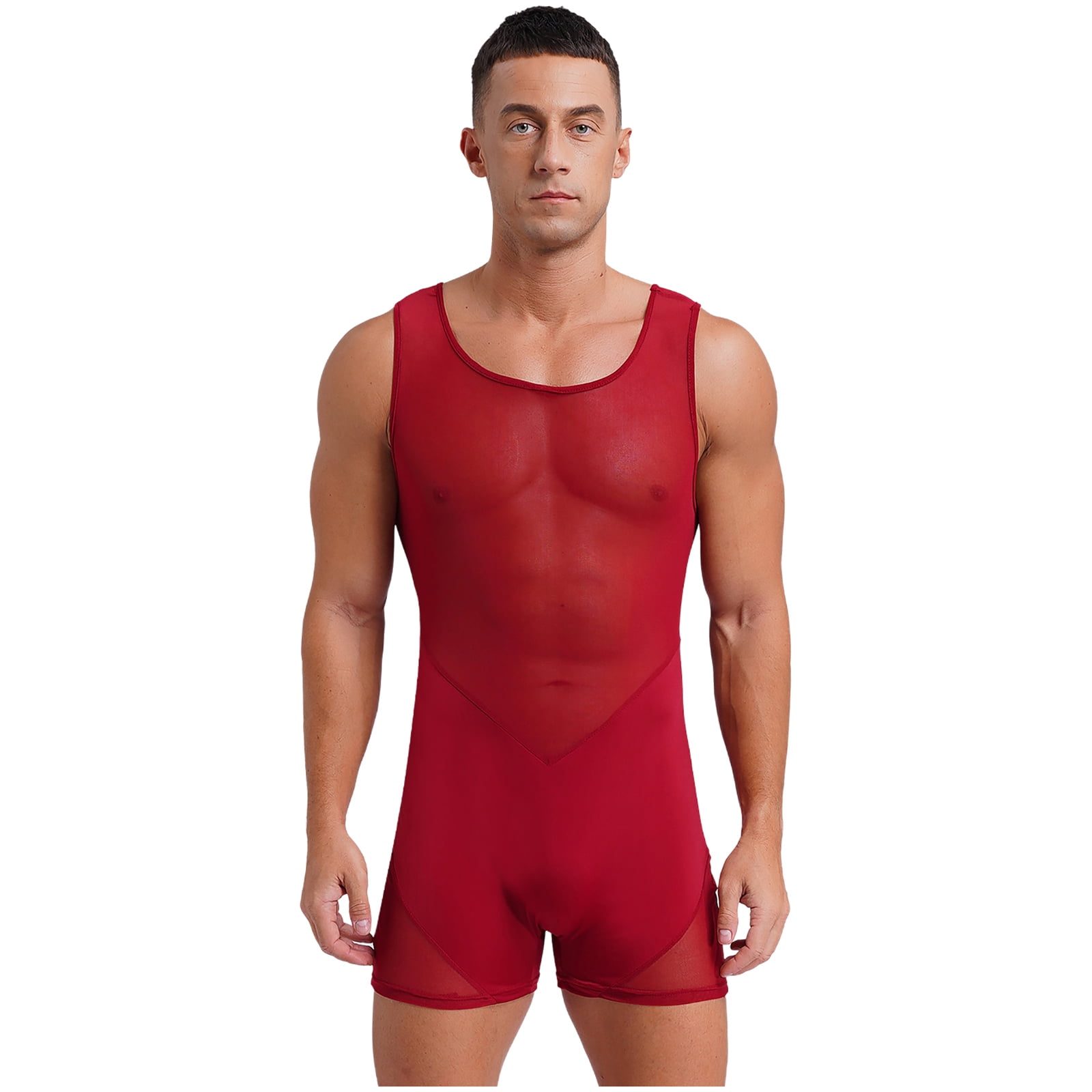 Ttao Mens One Piece Sleeveless Mesh Sheer Rompers Wrestling Singlets Leotard Scoop Neck Jumpsuit