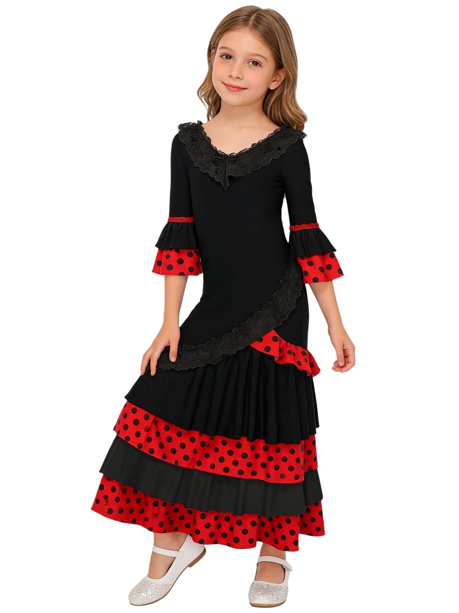 TTAO Spanish Flamenco Dress for Girls Polka Dot Ruffle Sleeve Gypsy ...