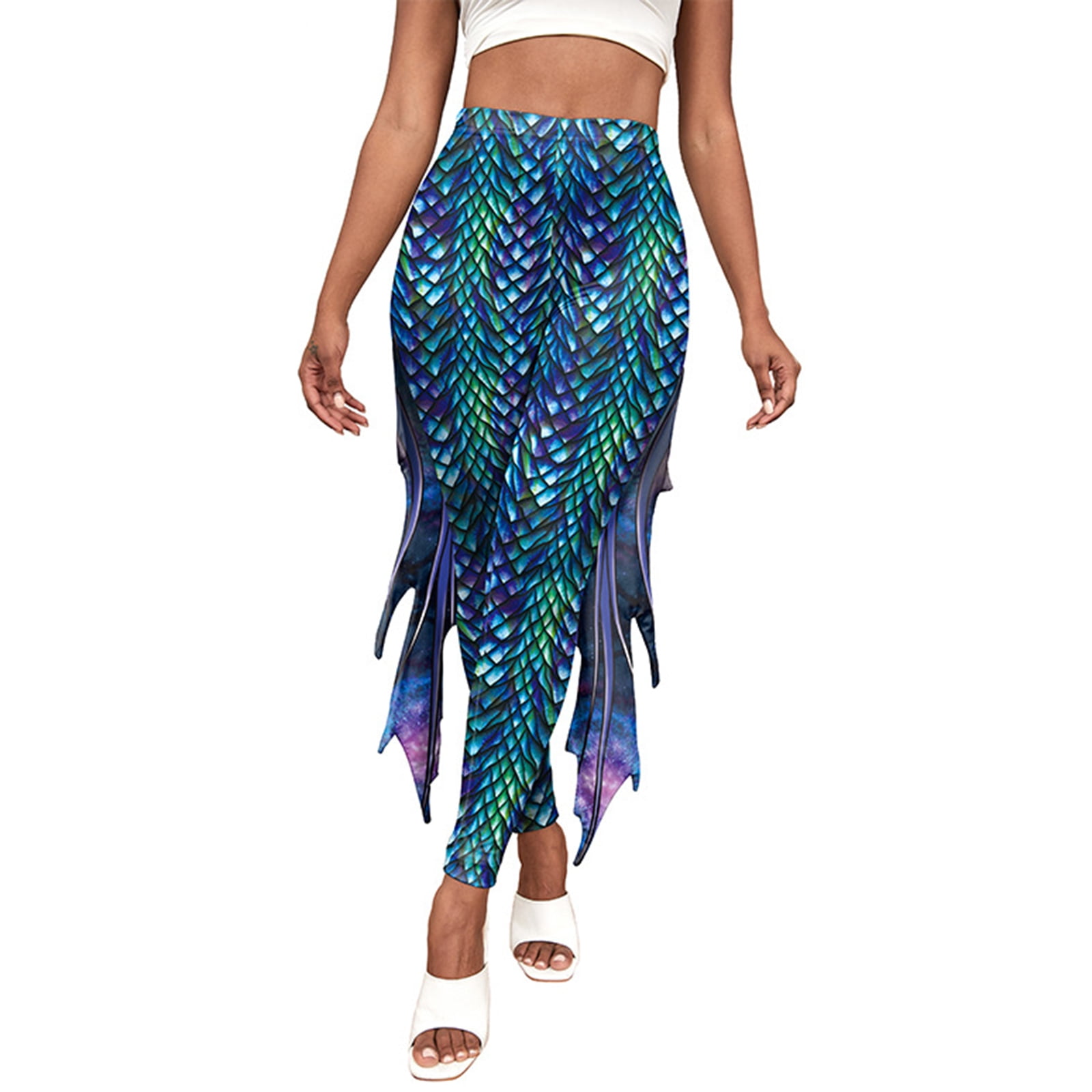 TTAO Women Halloween Mermaid Leggings 3D Print Fish Scale Pants Tights ...