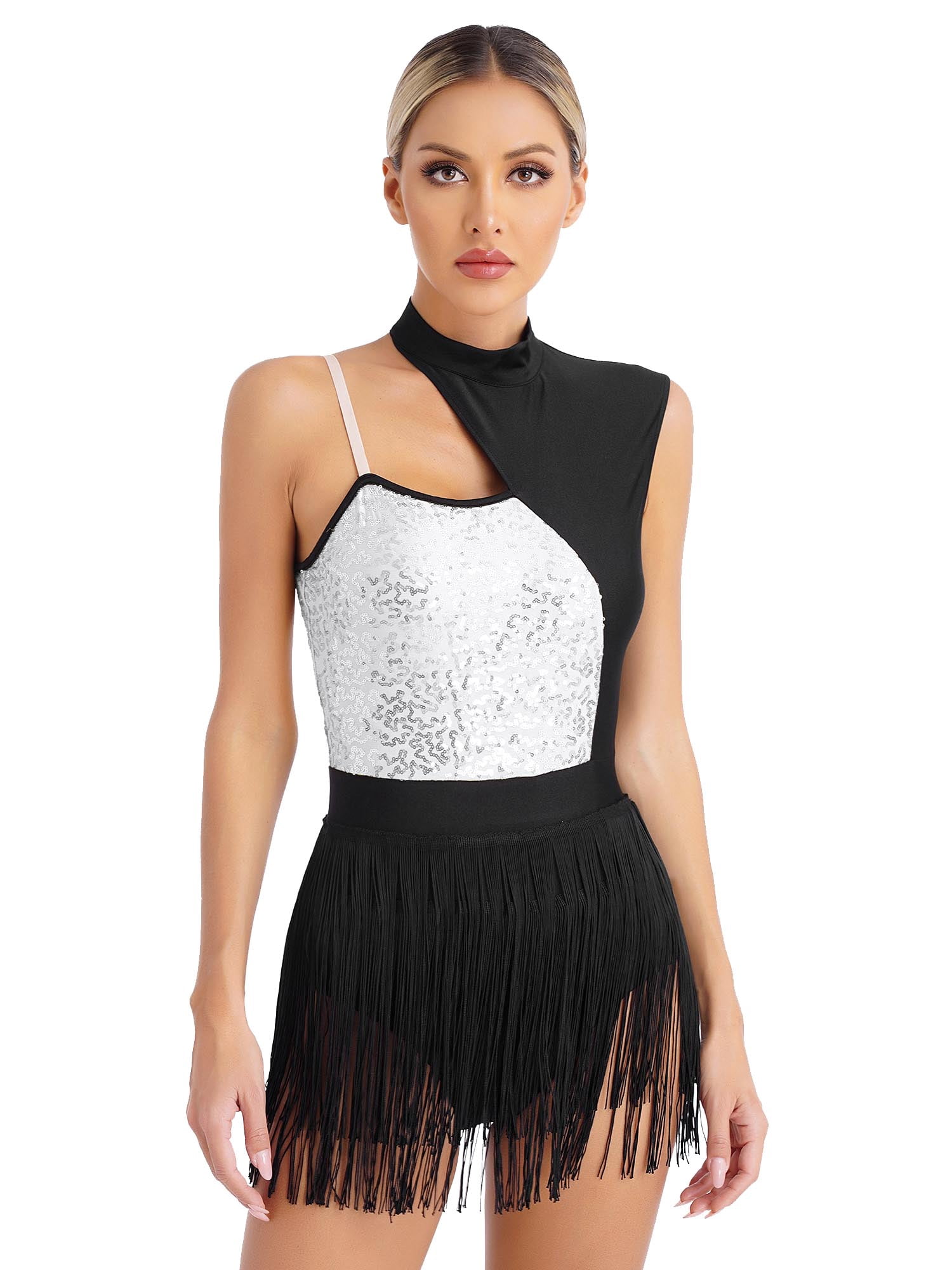 TTAO Womens Cutout Latin Dance Costume Sequin Tassel Leotard Dress for ...