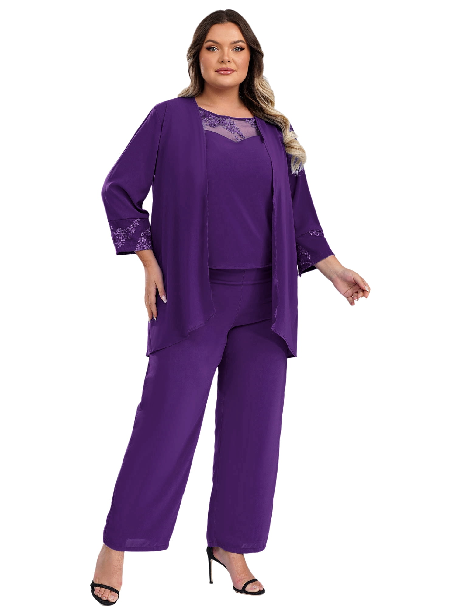 TTAO Womens Elegant Wedding Guest Pants Suit 3 Piece Set Formal Chiffon Lace Evening Party ...