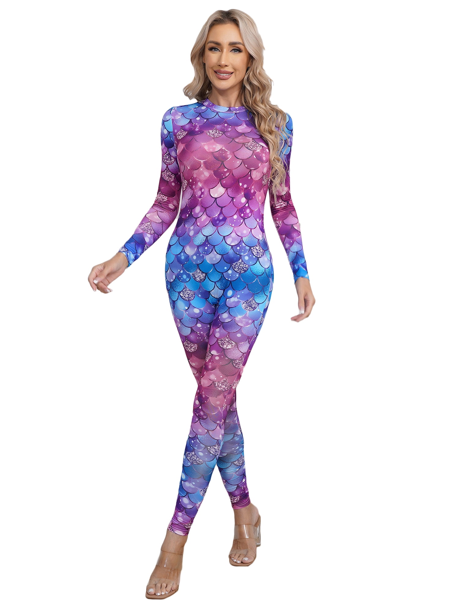 TTAO Womens Fish Scales Mermaid Unitard Jumpsuit Long Sleeve Back ...