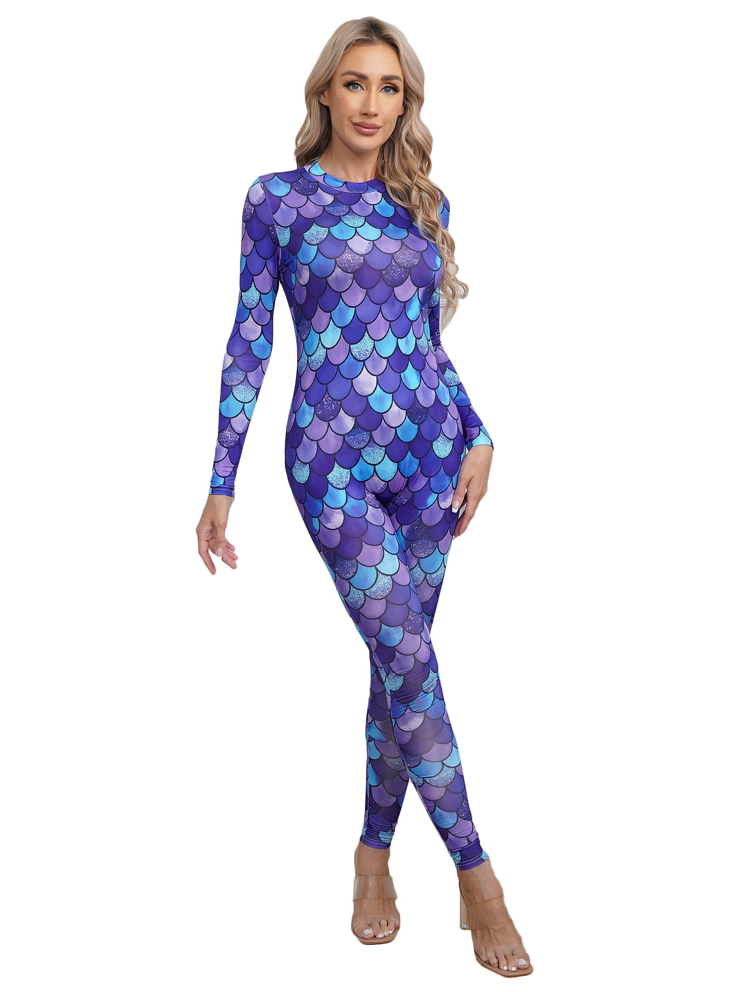 TTAO Womens Fish Scales Mermaid Unitard Jumpsuit Long Sleeve Back ...