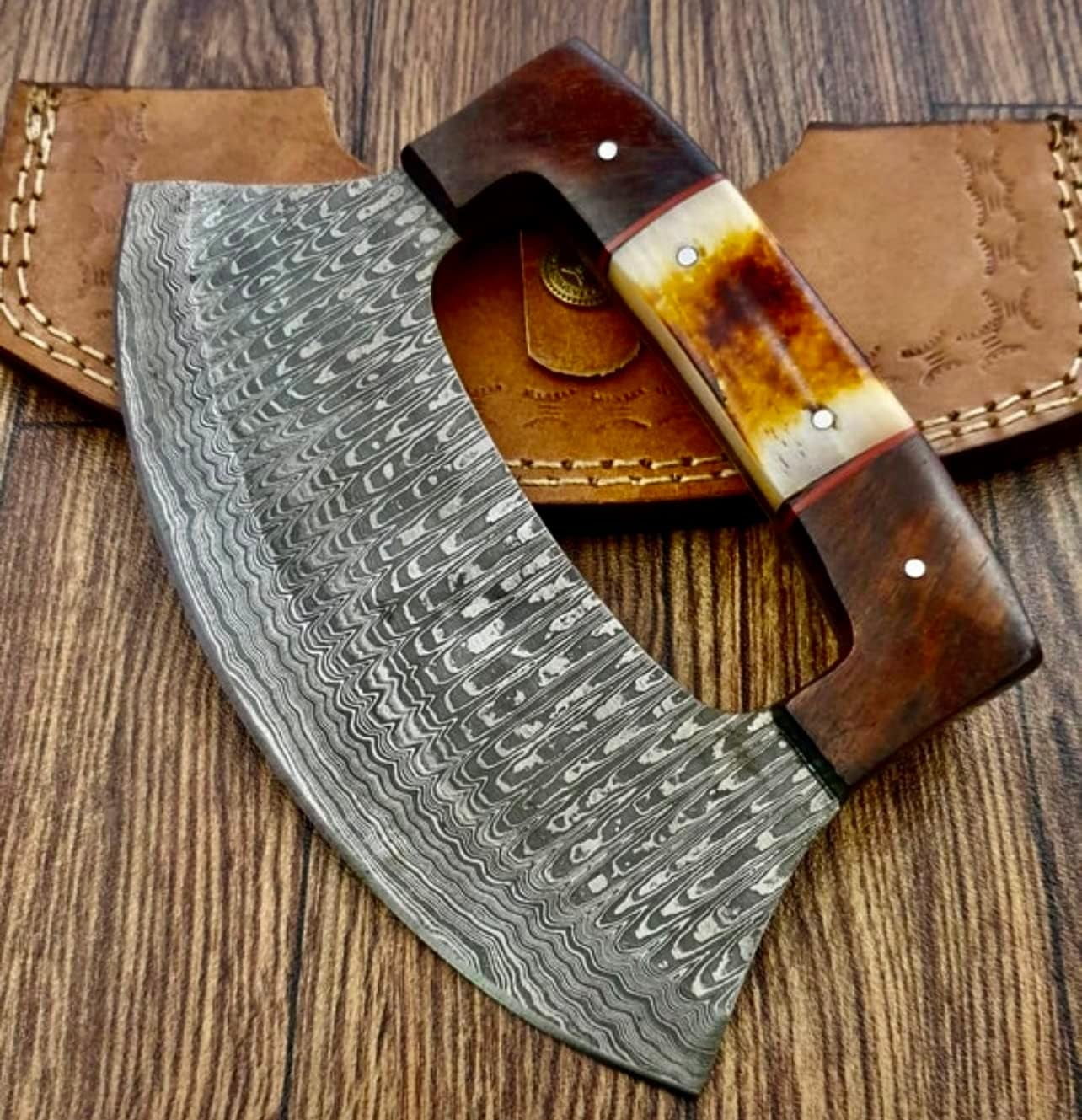 TTC-111 Handmade Demascus Ulu kitchen Knife -Wood Handle (Bone/Wood ...