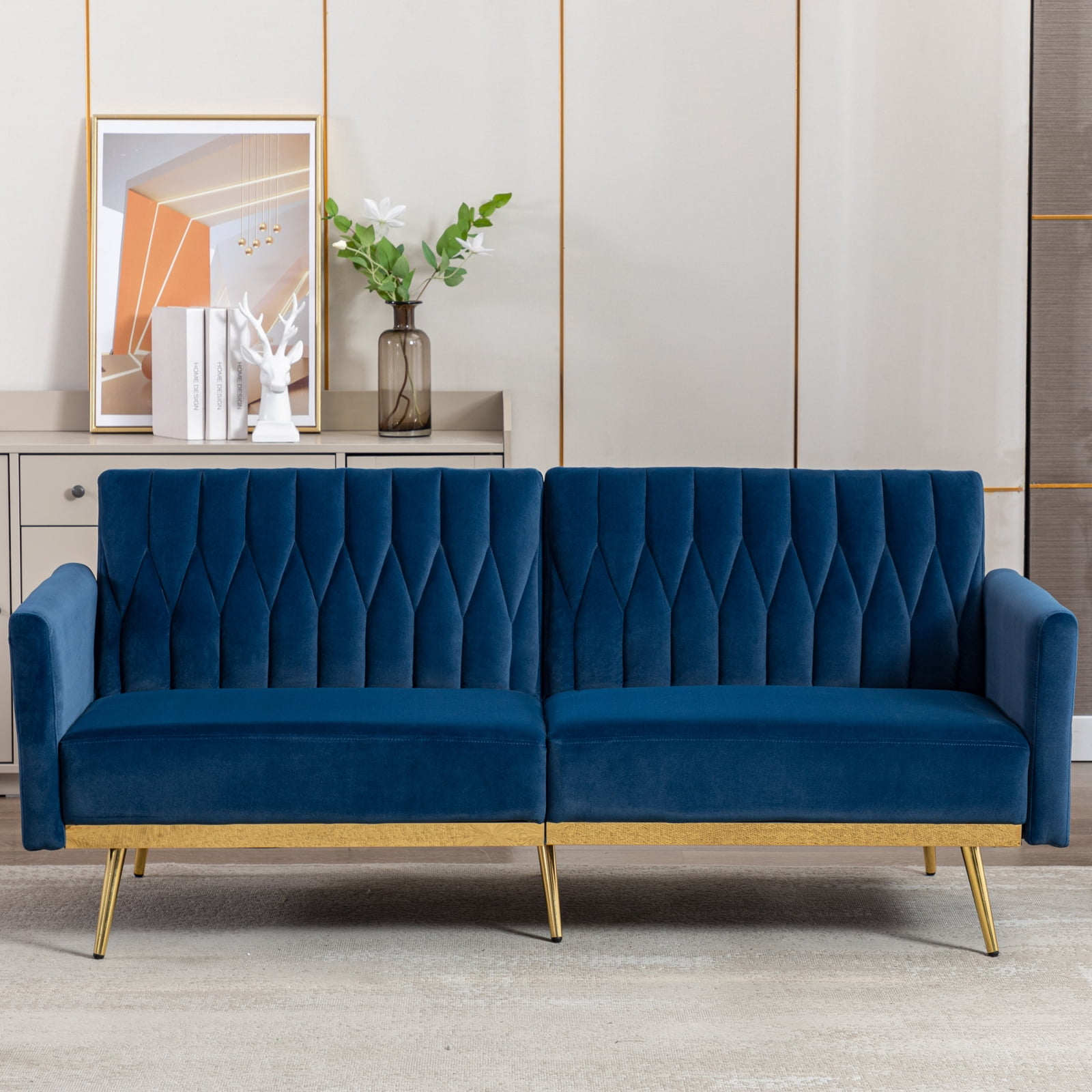 TTGIEET 70" Blue Velvet Convertible Futon Sofa Bed, Mid Century Modern ...