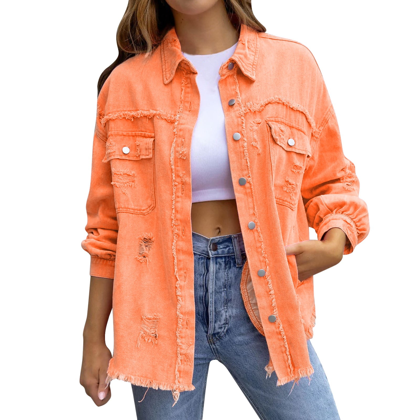 TTHXQING Long Jean Jacket for Women Boyfriend Casual Ripped Long Length ...