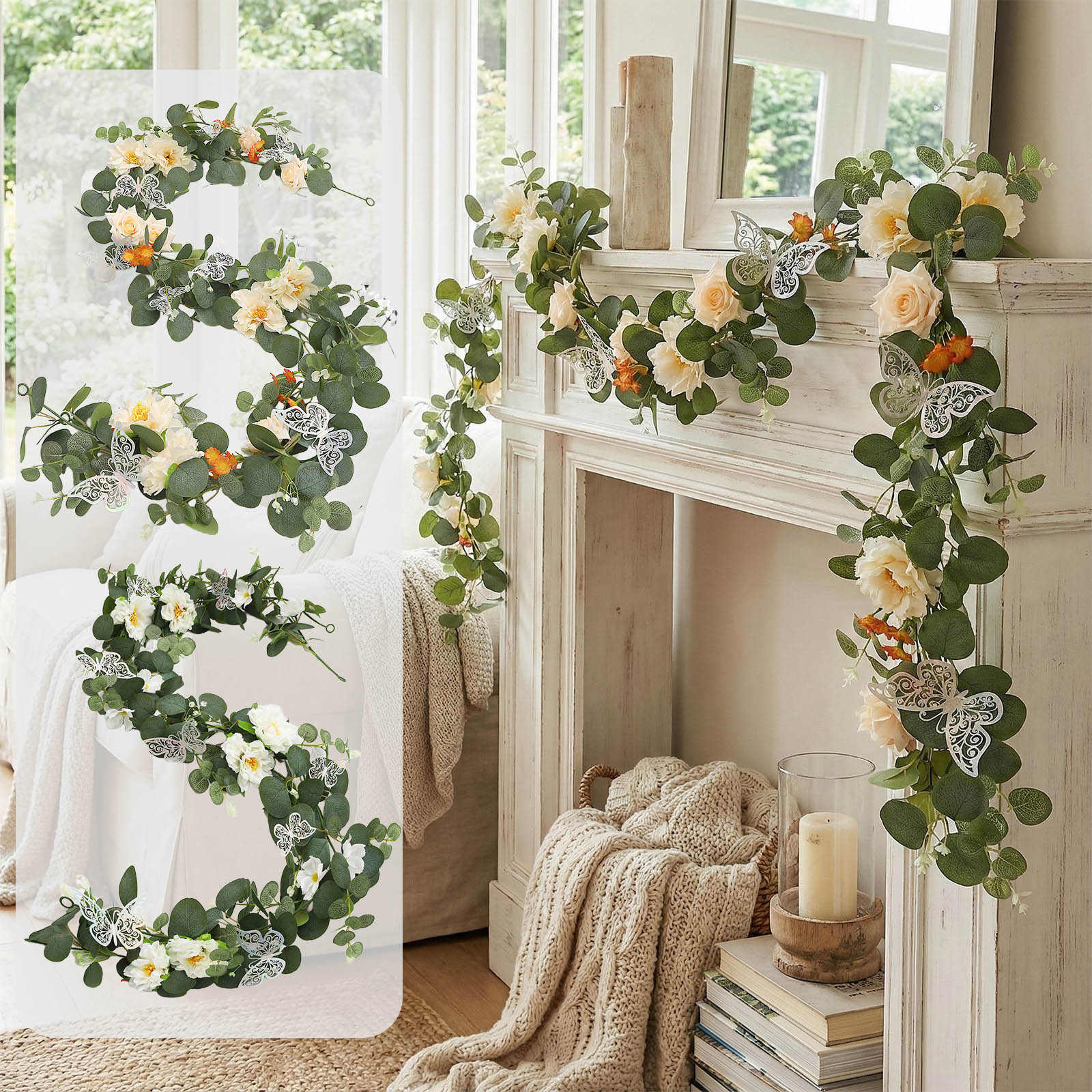 TTJ Spring Flower Garland Wedding Decor 1.7 Meter Simulated Butterflies ...
