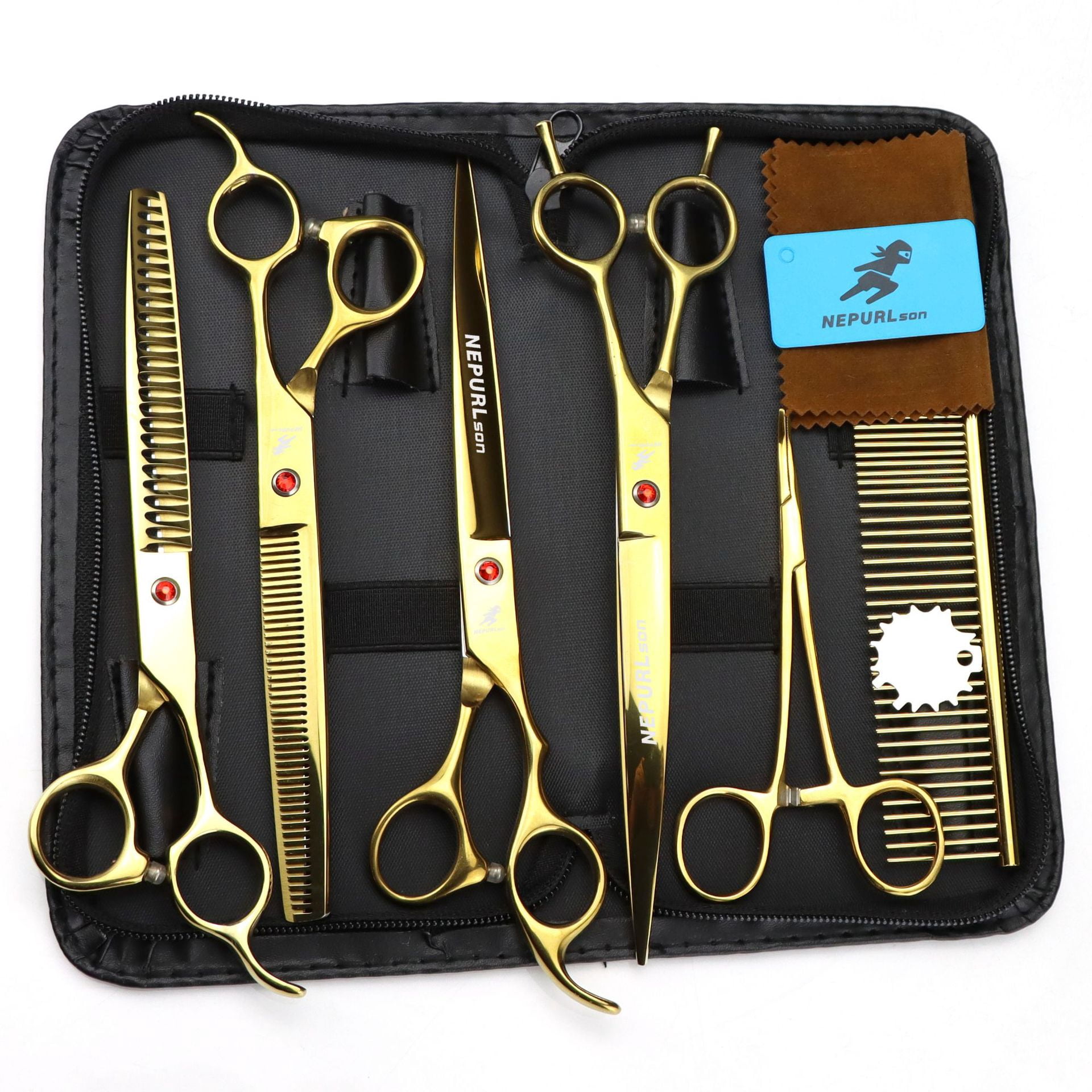 TTOOGO 8 Inch Gold 5-Piece Pet Grooming Scissors Set – Straight, Curved ...
