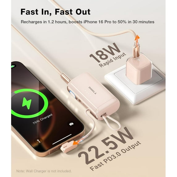 TTTYBA-2-in-1 iPhone 16 Portable Charger, 5,000mAh 22.5W Mini Power ...