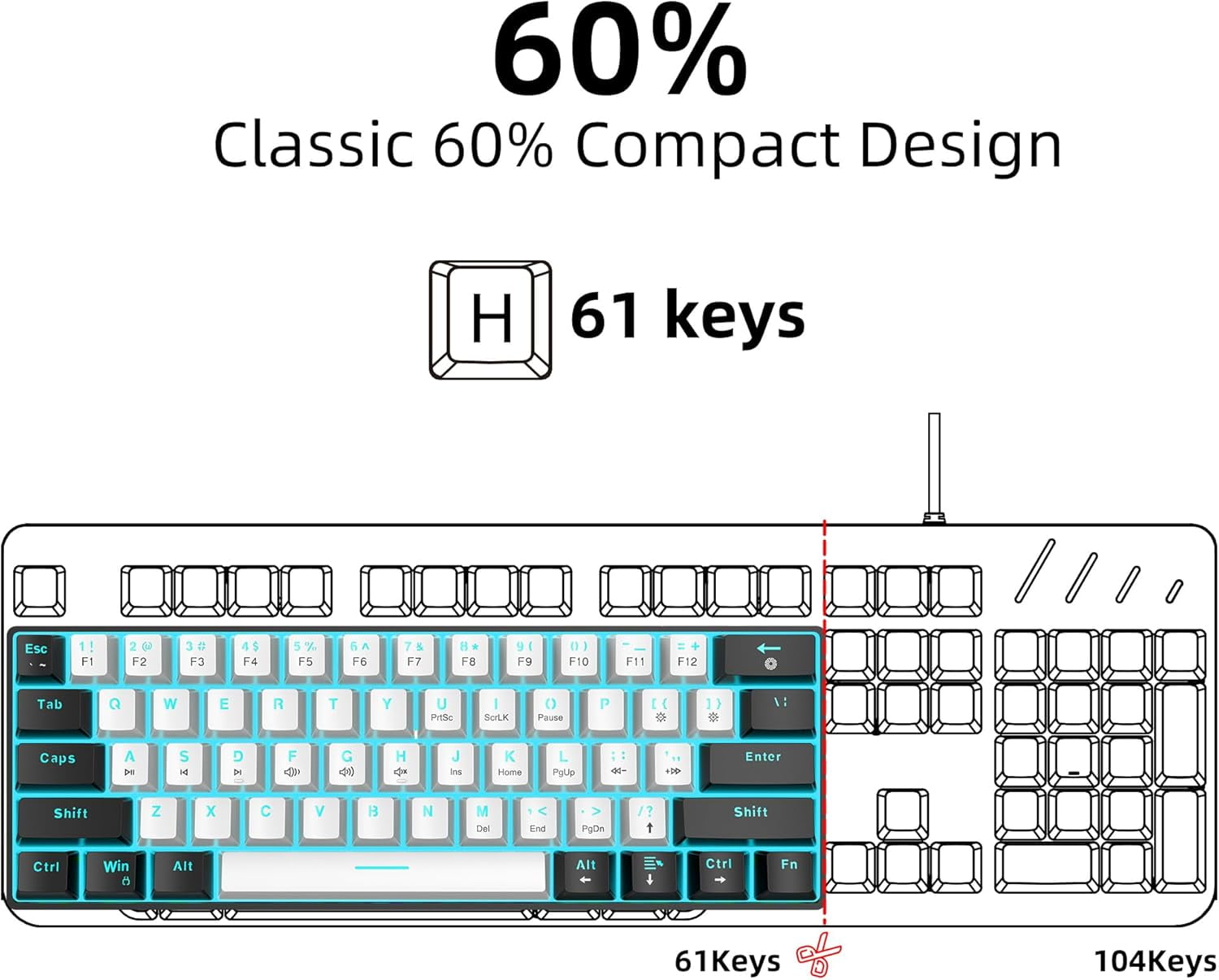 TTTYBA-60% Wired Mechanical Gaming Keyboard, Ice Blue LED Backlit 61 ...
