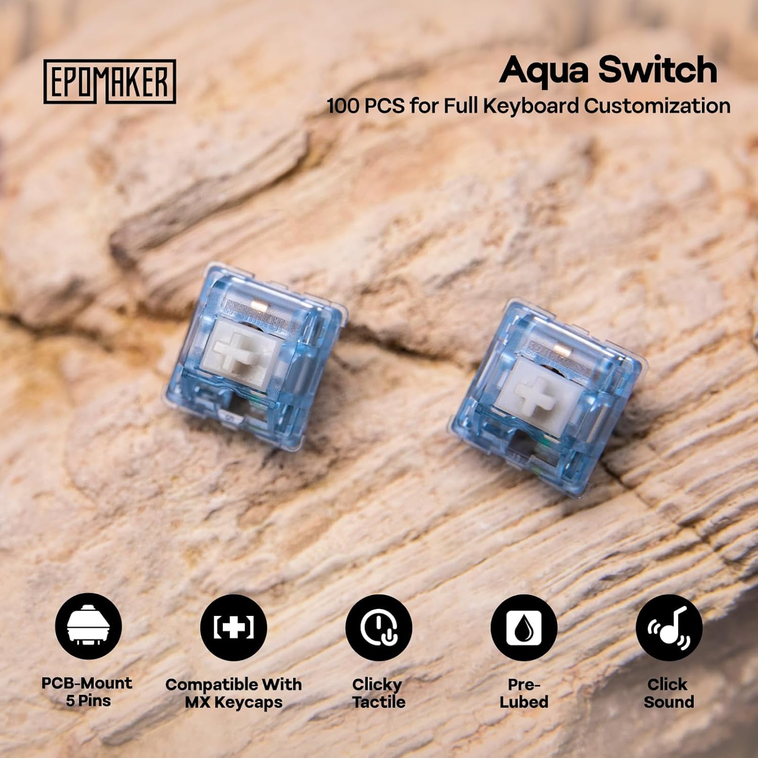 TTTYBA-Aqua 46gf Gaming Keyboard Switches, 100 PCS Clicky Switch, 5-Pin Pre-Lubed Switch, with ...