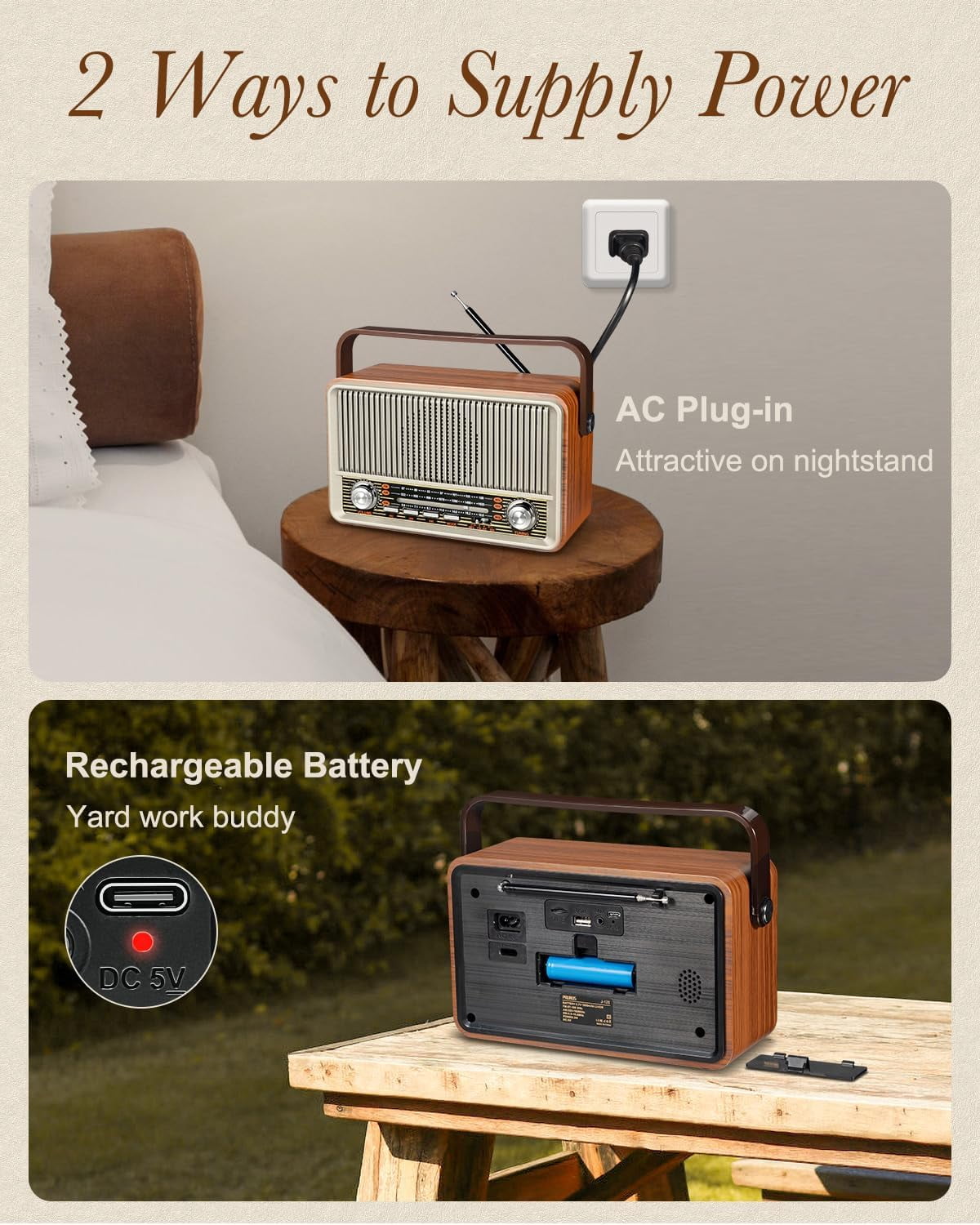 TTTYBA-J-120 Retro Vintage Radio Portable AM FM with Bluetooth ...