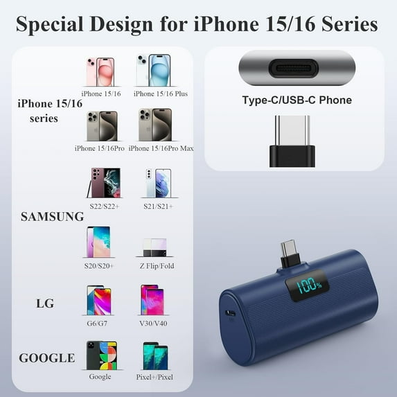 TTTYBA-Mini Portable Charger for iPhone 17/16,Upgraded 5500mAh PD USB C ...