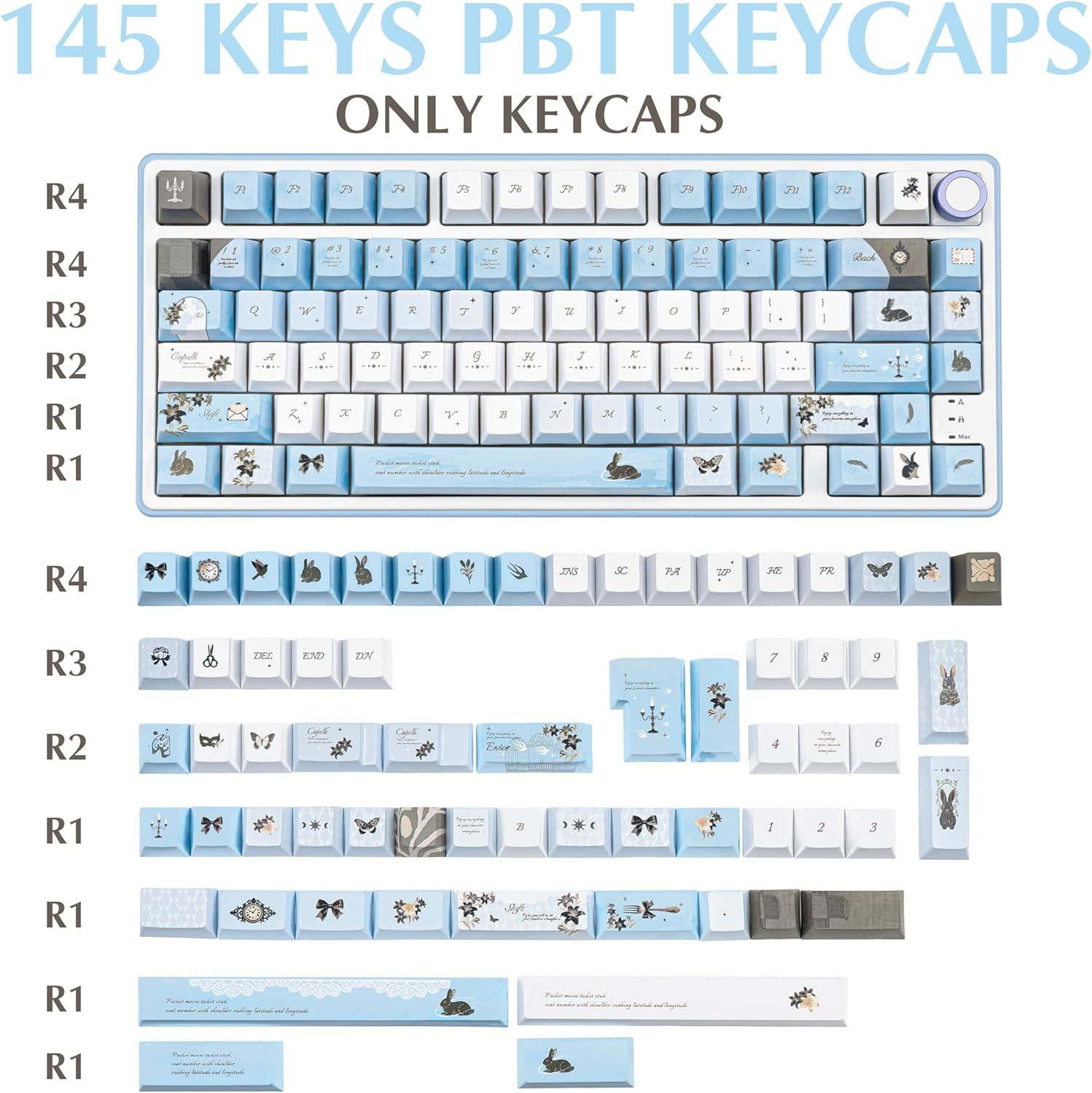 TTTYBA-PBT keycap Set 145 Keys Cherry Profile, Blue White Lily Themed ...