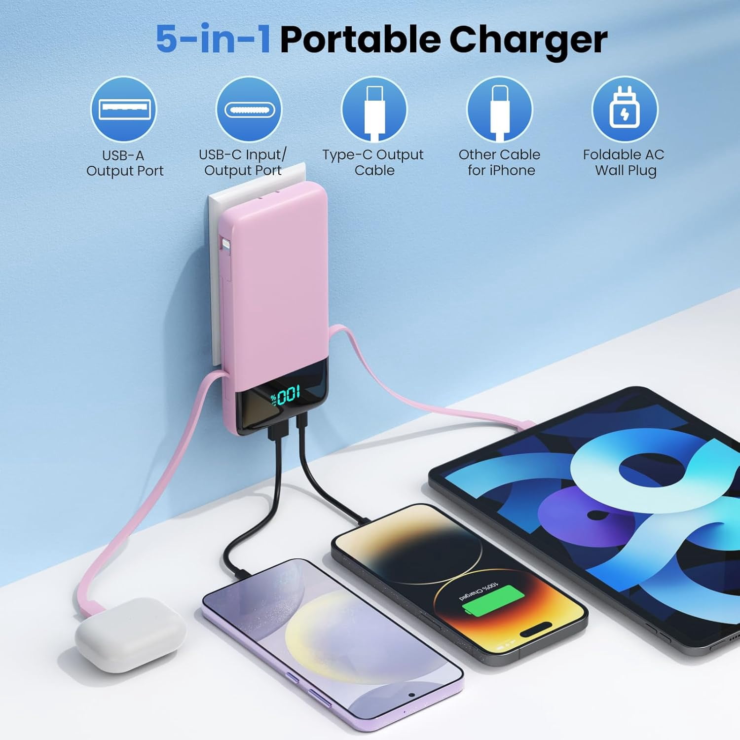 TTTYBA-Portable Charger 13800mAh Power Bank with Built-in Cables,LCD ...