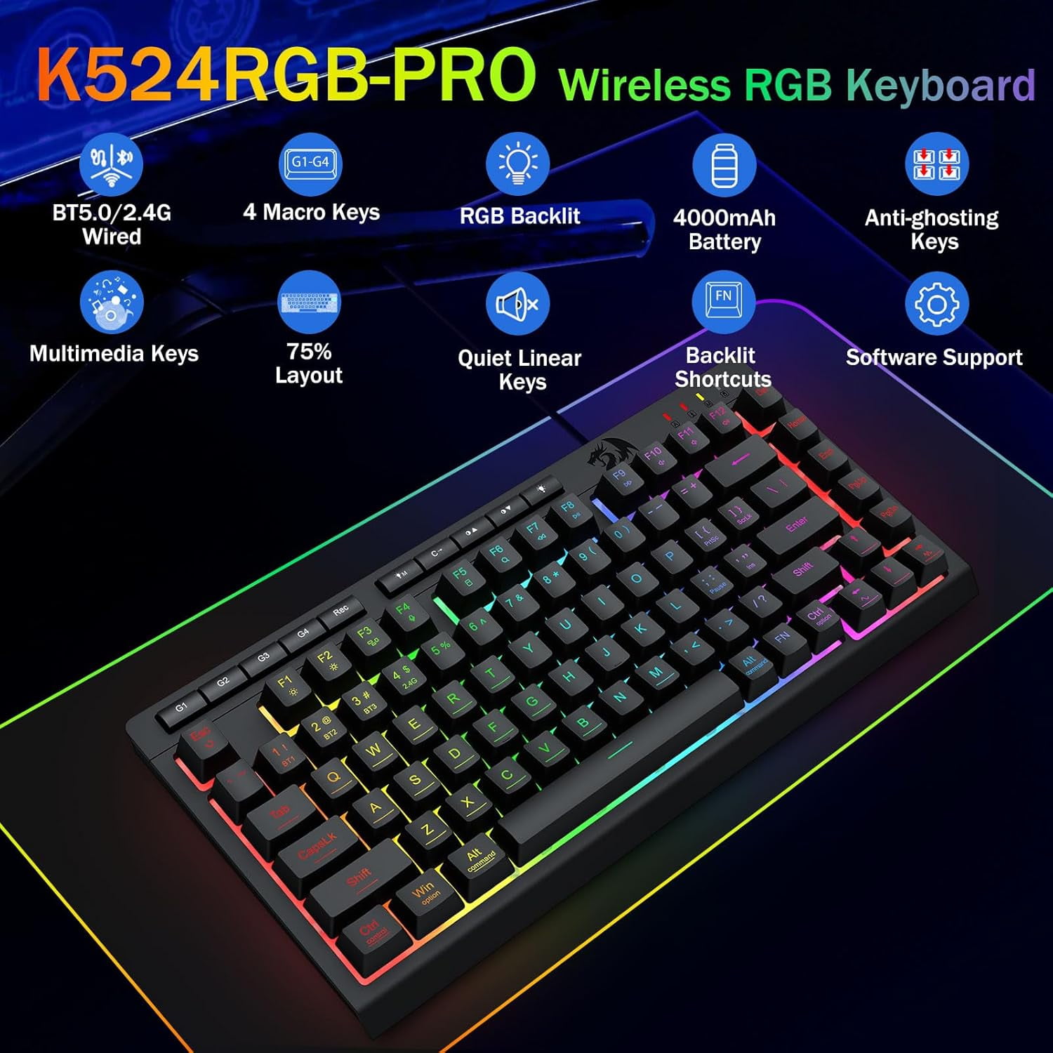 TTTYBA-Portable Wireless Gaming Keyboard, Bluetooth/2.4GHz/USB-C Wired, RGB Backlit ...