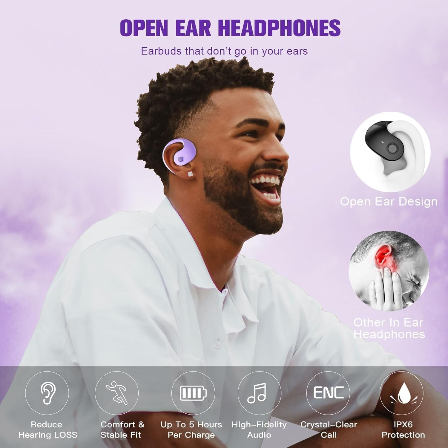 TTTYBA-Purple Out of Ear Open Ear Headphones Wireless Ear Hanging ...