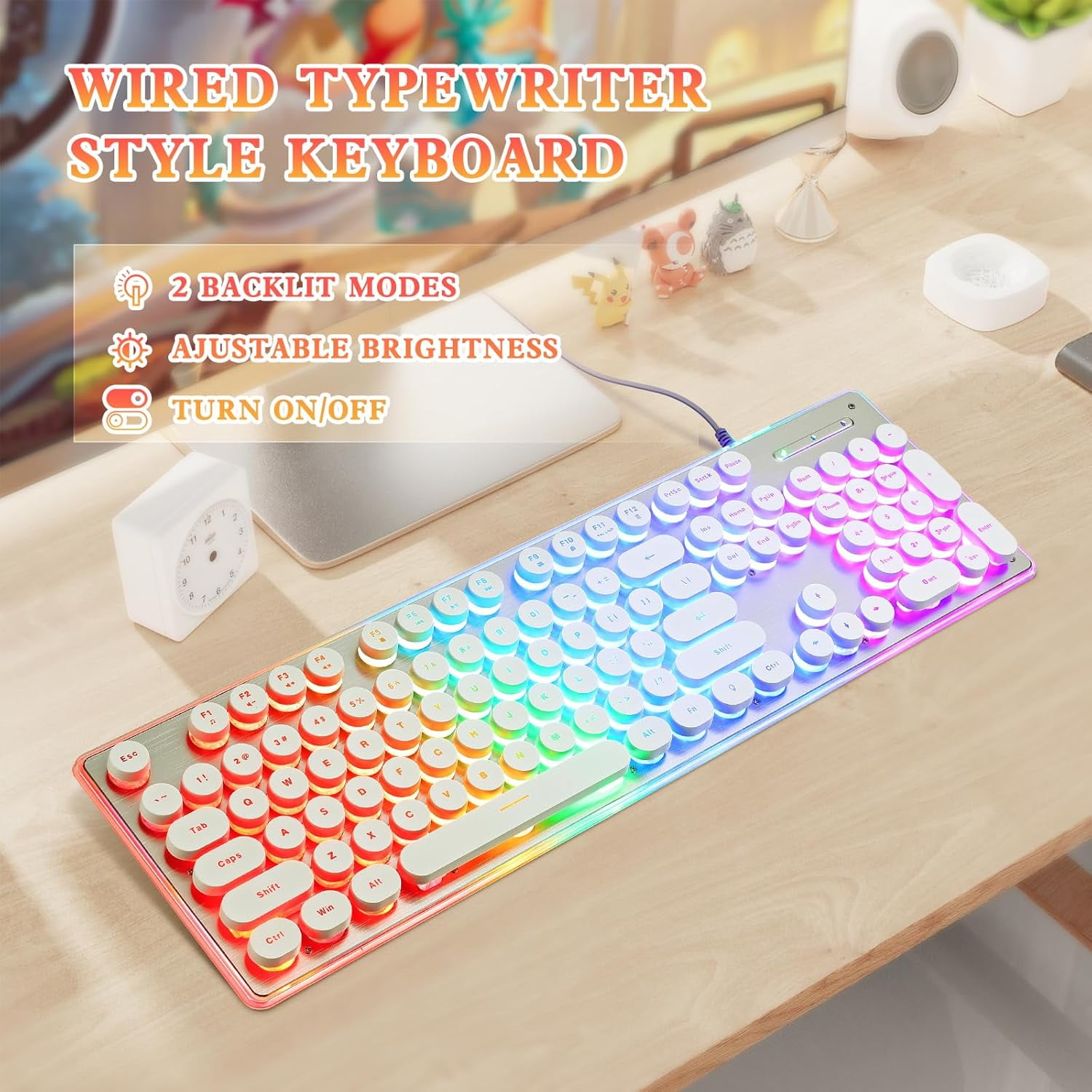 TTTYBA-Typewriter Style Keyboard with Metal Panel, Rainbow LED Backlit ...