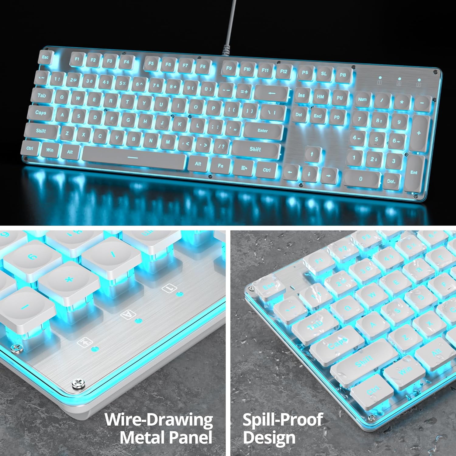 TTTYBA-White Typewriter Gaming Keyboard Full-Size Quiet Keyboard Ice ...