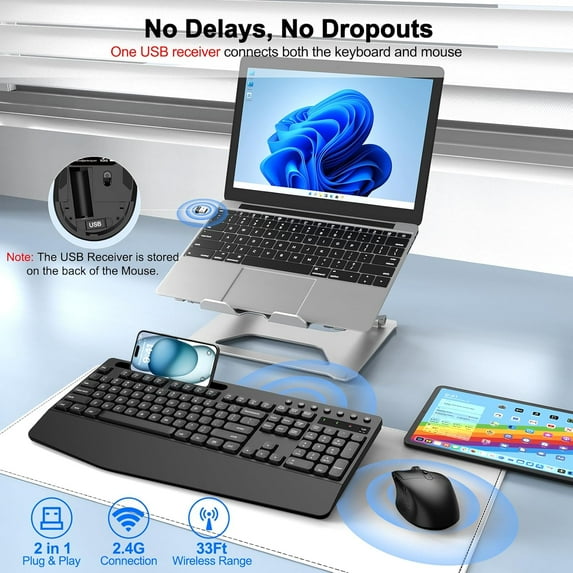 TTTYBA-Wireless Keyboard and Mouse Combo with Palm Rest, Phone Holder ...