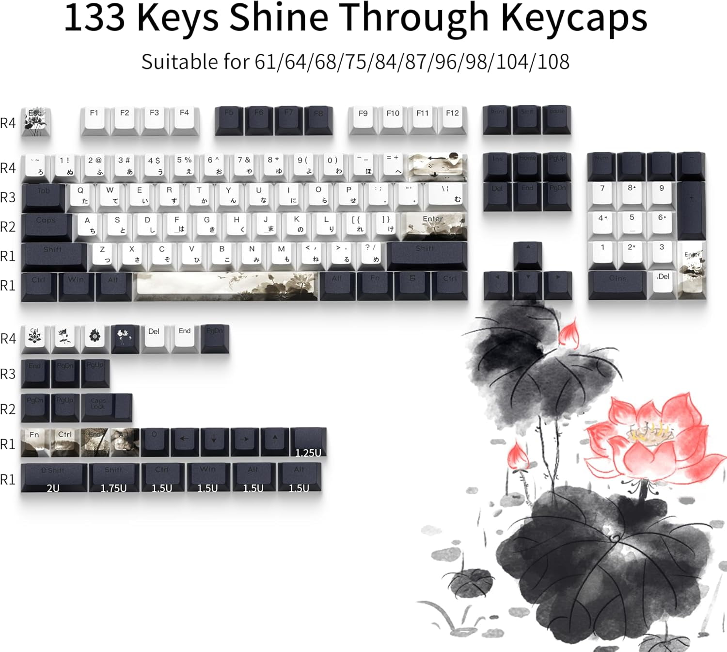 TTTYBA-XVX Shine Through Keycaps, Japanese Ink Lotus Keycap Set ...