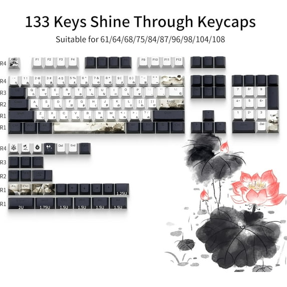 TTTYBA-XVX Shine Through Keycaps, Japanese Ink Lotus Keycap Set ...