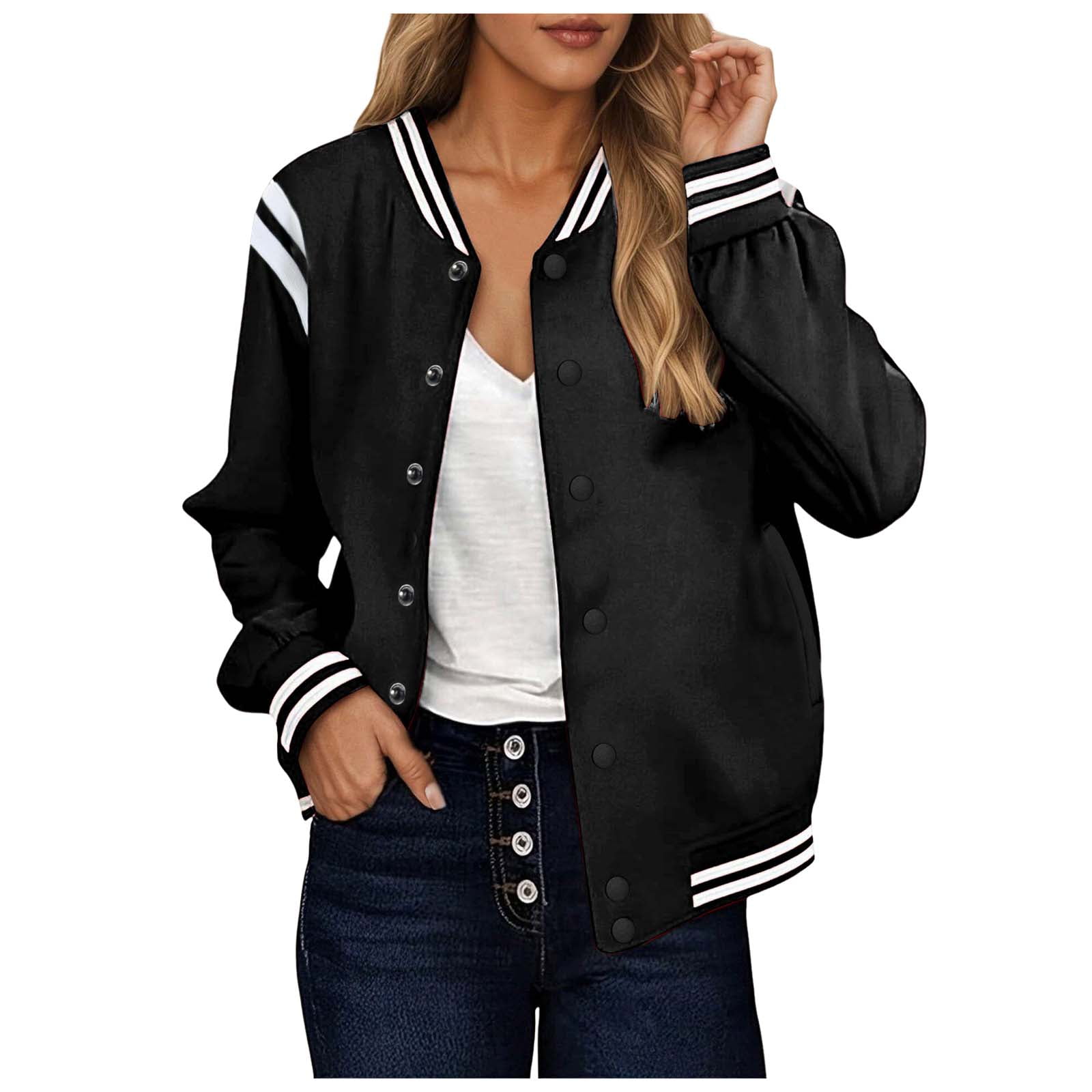 TTUHYWXI Bomber Jacket Women Varsity Casual Button Down Lightweight ...