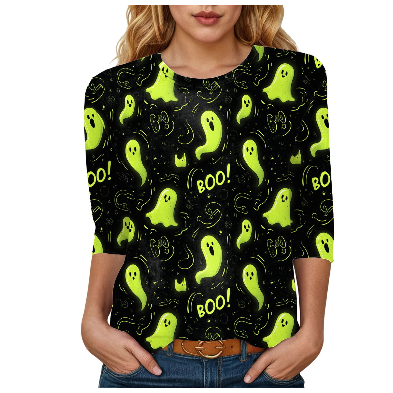 TTUHYWXI Halloween for Women Adult Crew Neck Bat Pumpkin Graphic Tees ...
