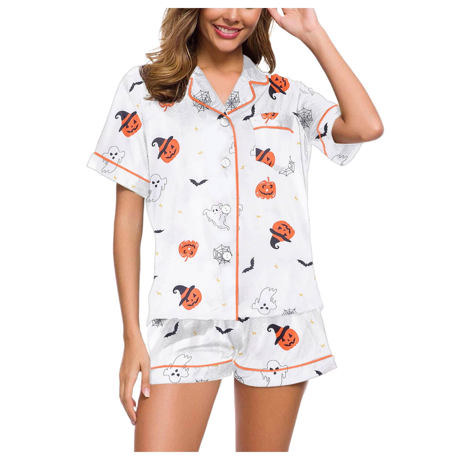 TTUHYWXI Halloween Pajamas Set Women 2 Piece Pumpkin Ghost Pjs Boo ...