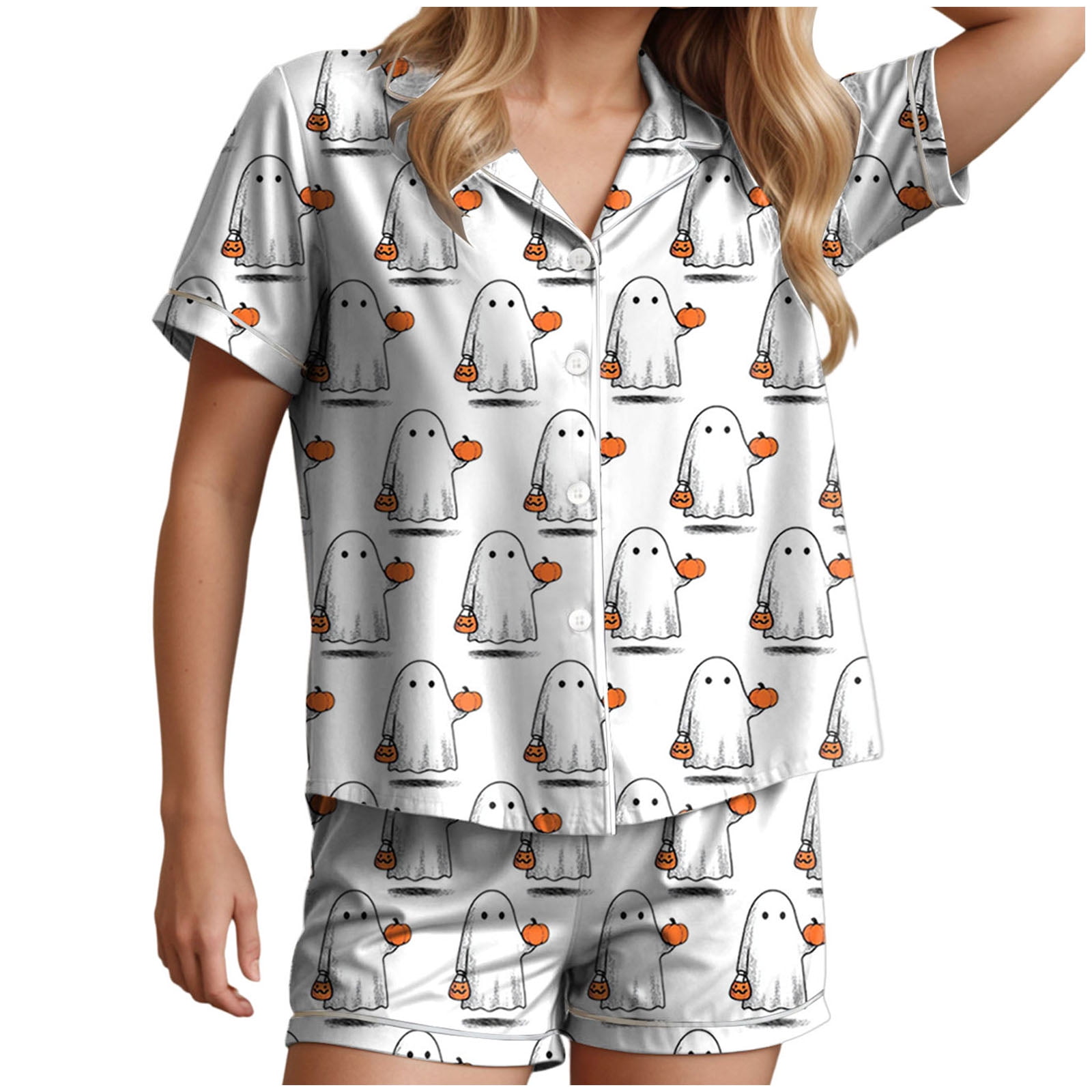 TTUHYWXI Halloween Pajamas Women Cute Spooky Season Ghost Pajamas Set 2 ...