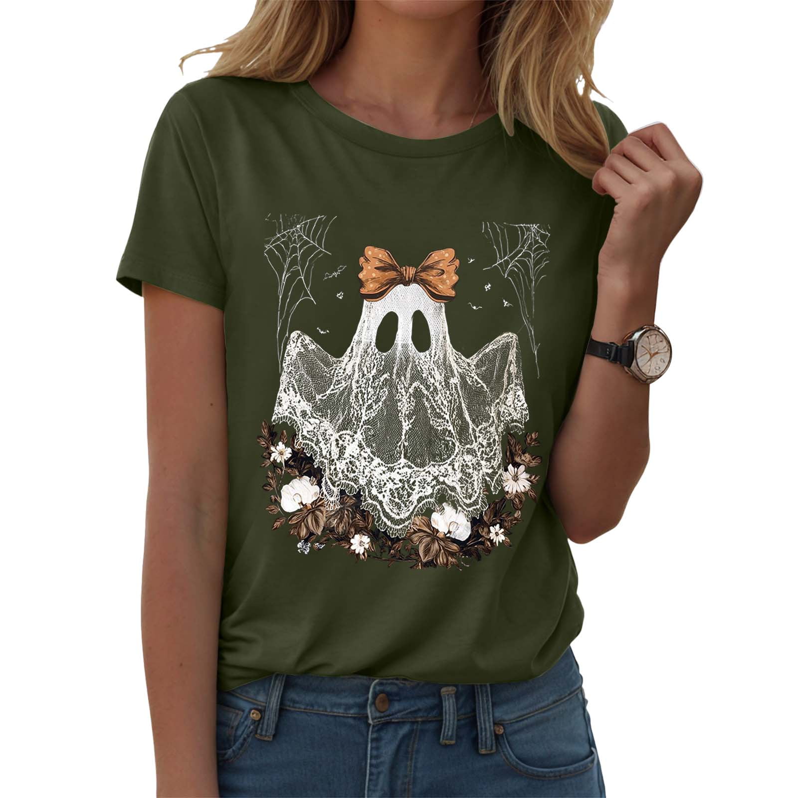 TTUHYWXI Halloween Shirts Women 2025,Cute Spooky Season Fall Graphic ...