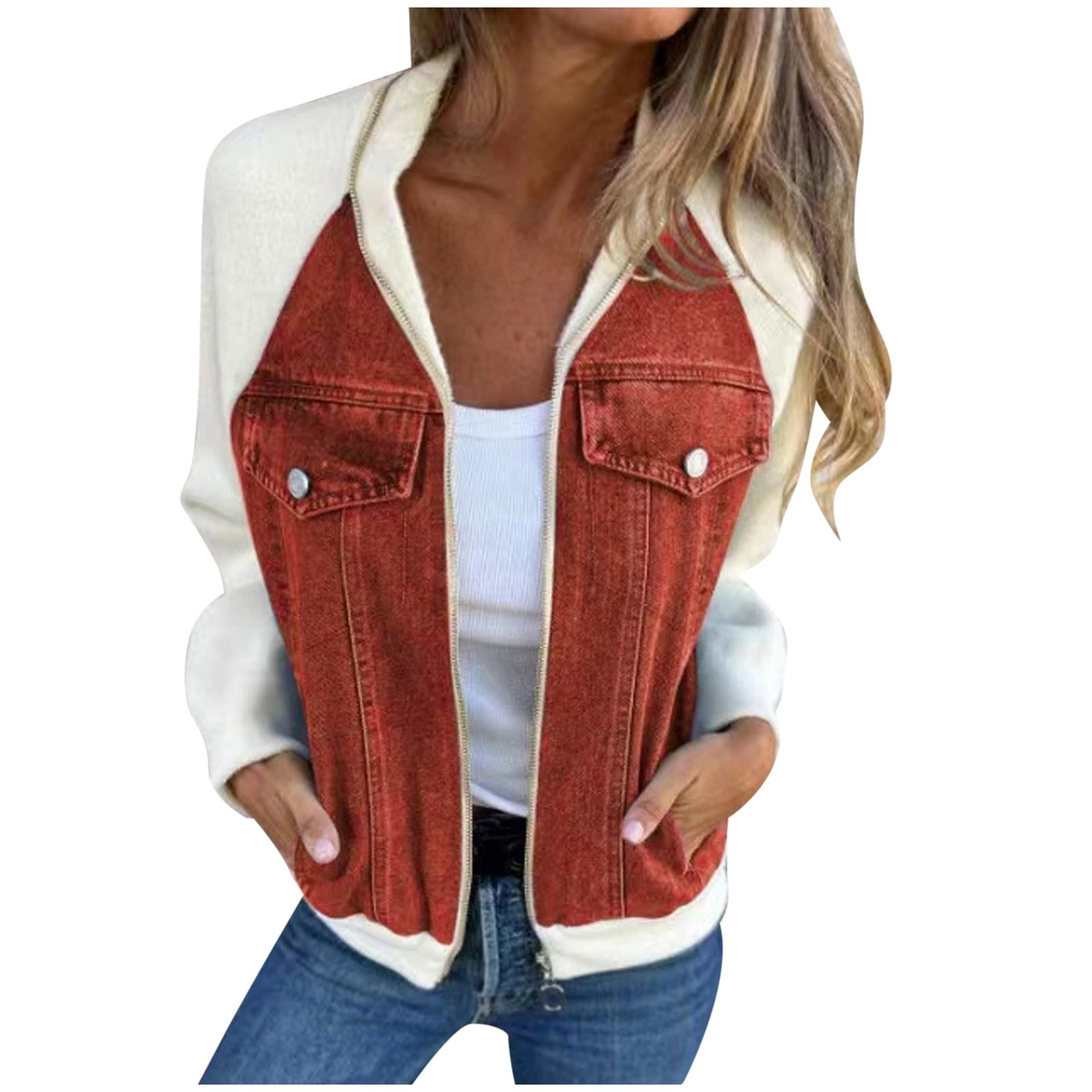 TTUHYWXI Women Bomber Jacket Zip Up Denim Patchwork Varsity Baseball ...