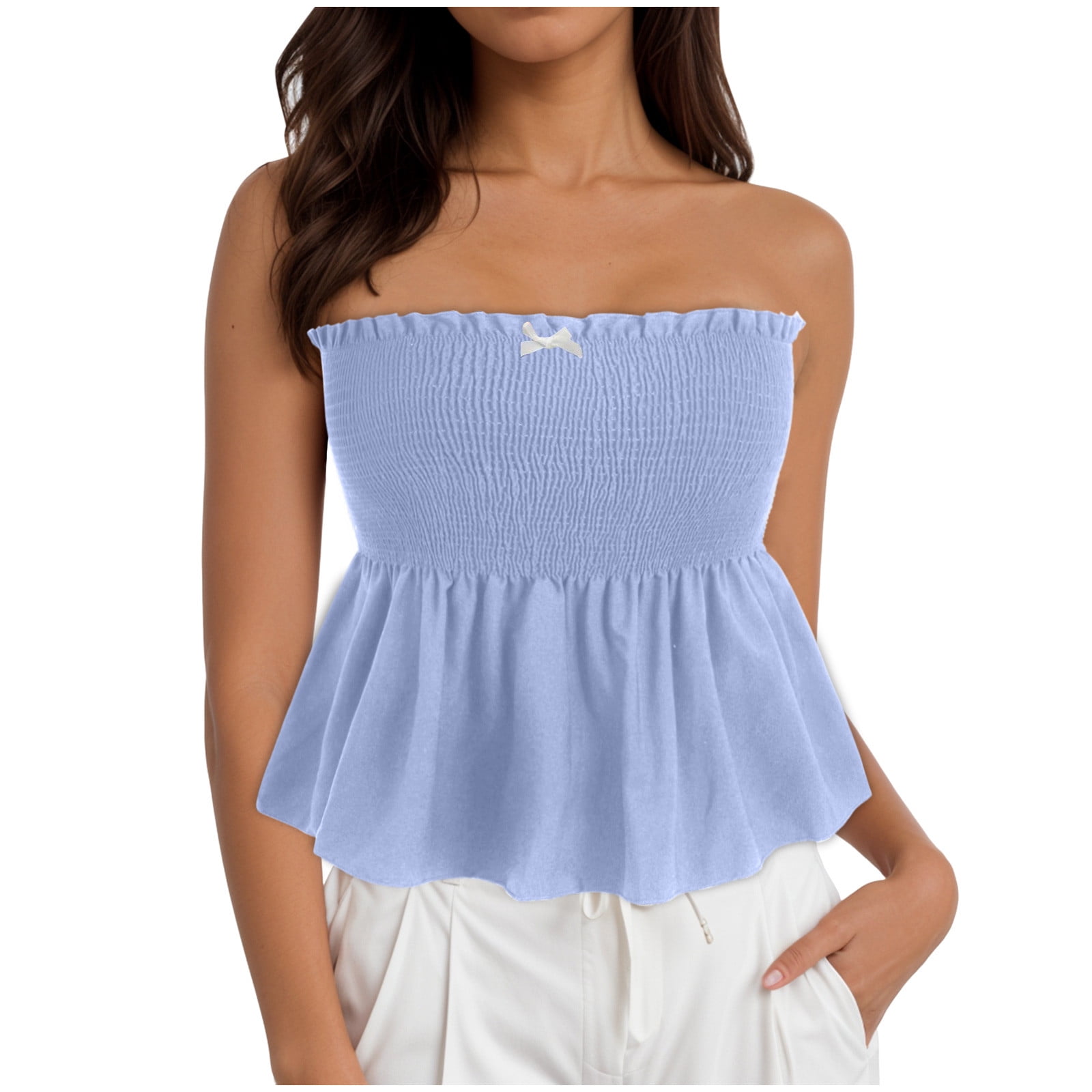 TTUHYWXI Women Y2k Peplum Tube top Strapless Bubble Bandeau Top Ruffle ...