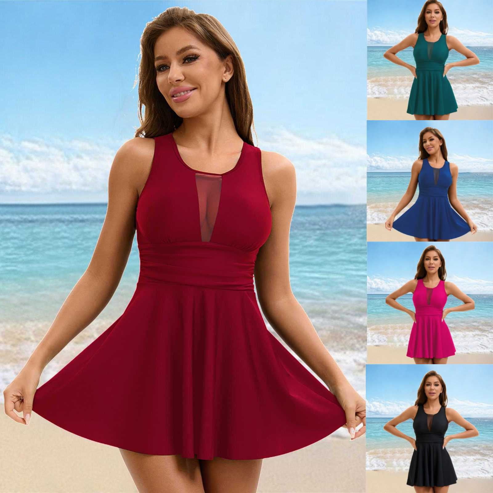 TTUHYWXI Women's One Piece Swim Dress Tummy Control Bathing Suits ...