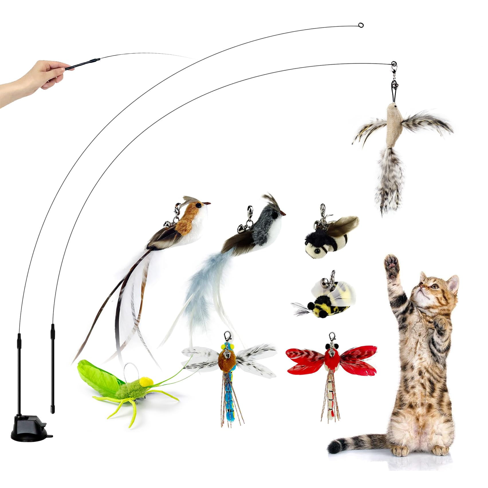 TTcat Cat Feather Toys with 1 Suction Cup,2 Cat Wands,8Pcs Birds and ...